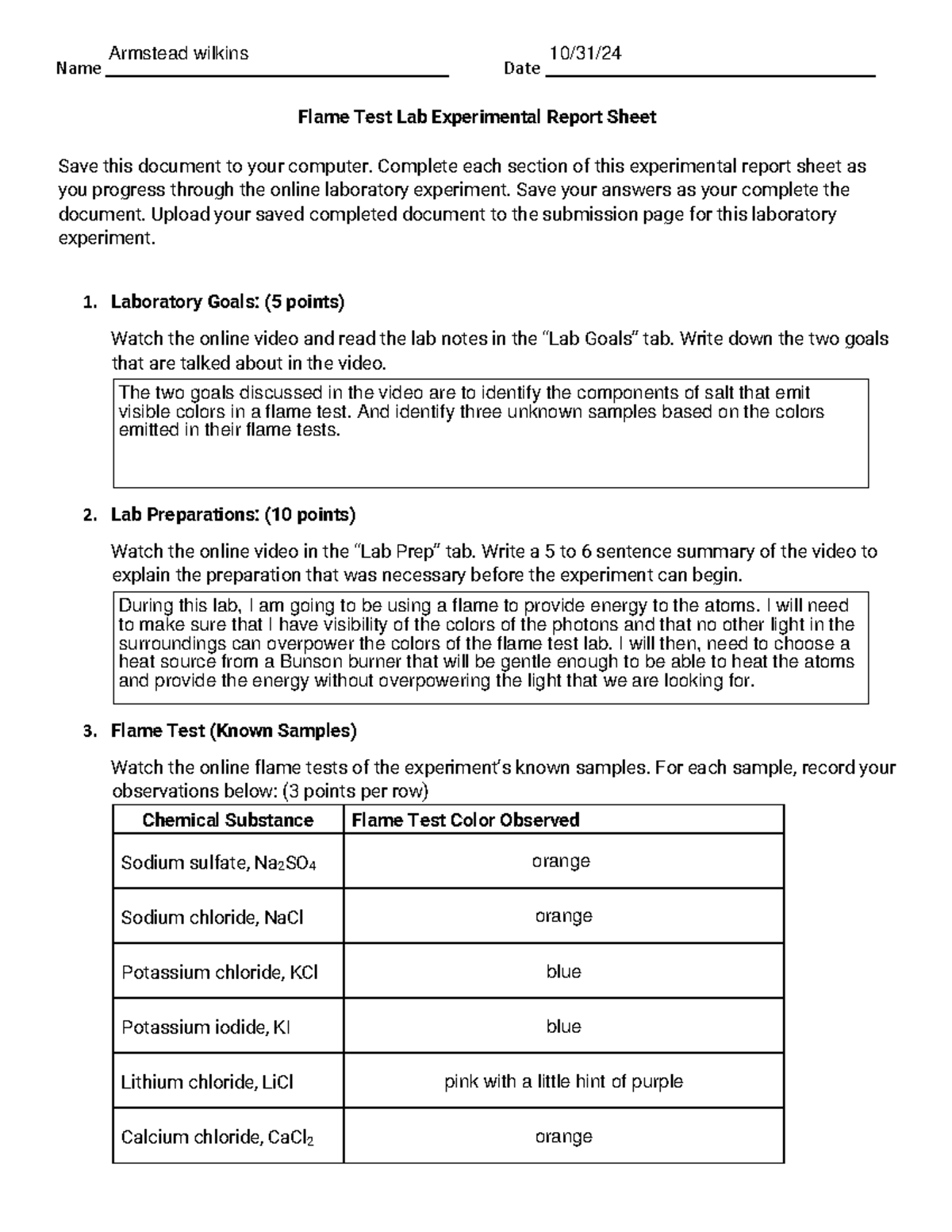 Flame Test Lab Worksheet for Chem 101: Experimental Report Sheet - Studocu