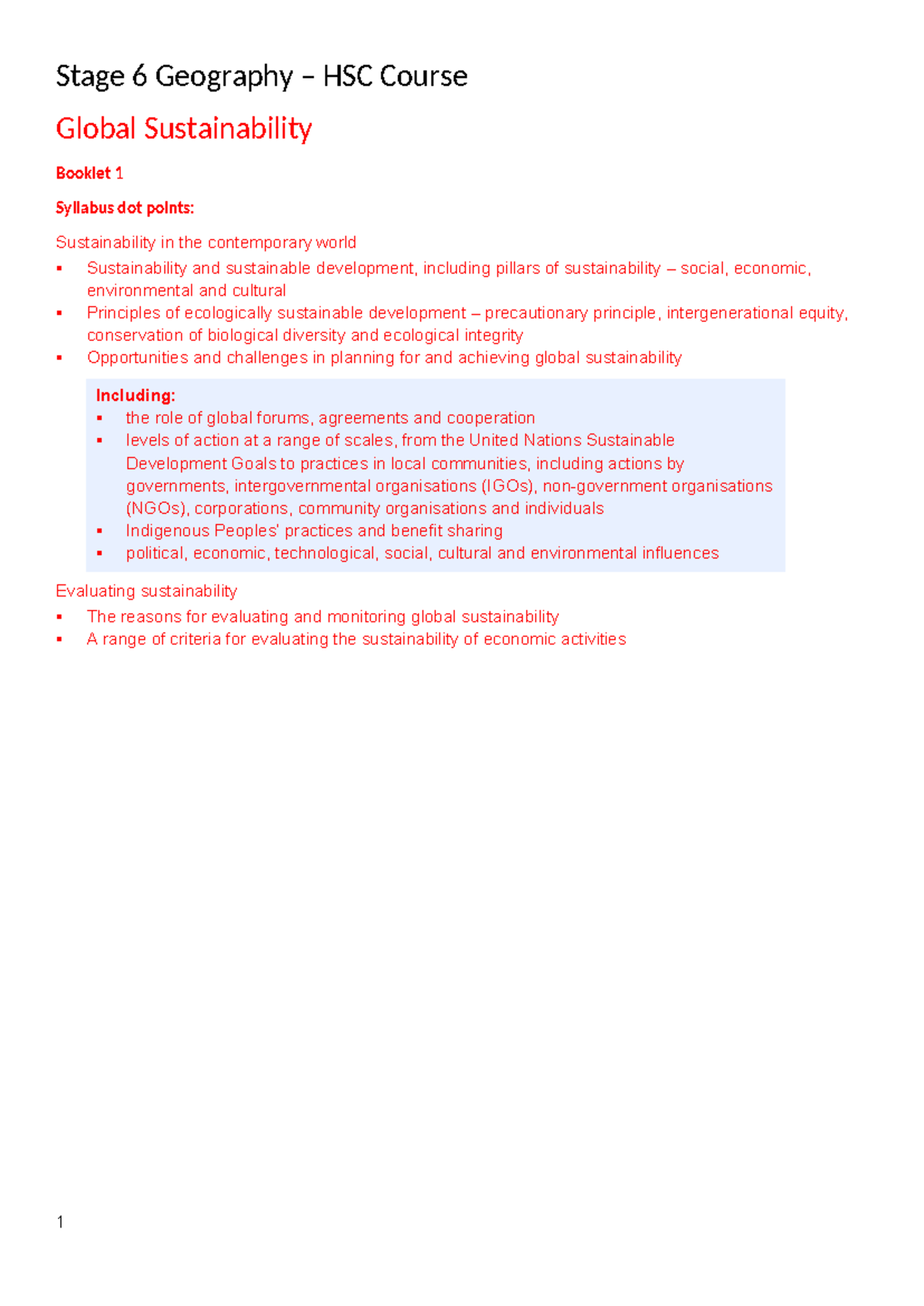 Stage 6 Geography HSC Course: Global Sustainability Booklet 1 Overview ...