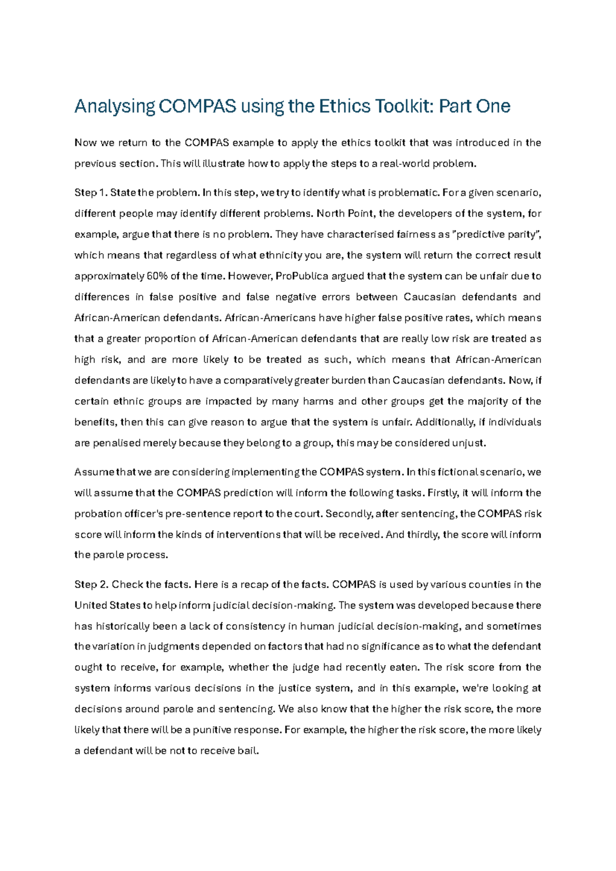 Analyzing the COMPAS System with the Ethics Toolkit: Part One ...