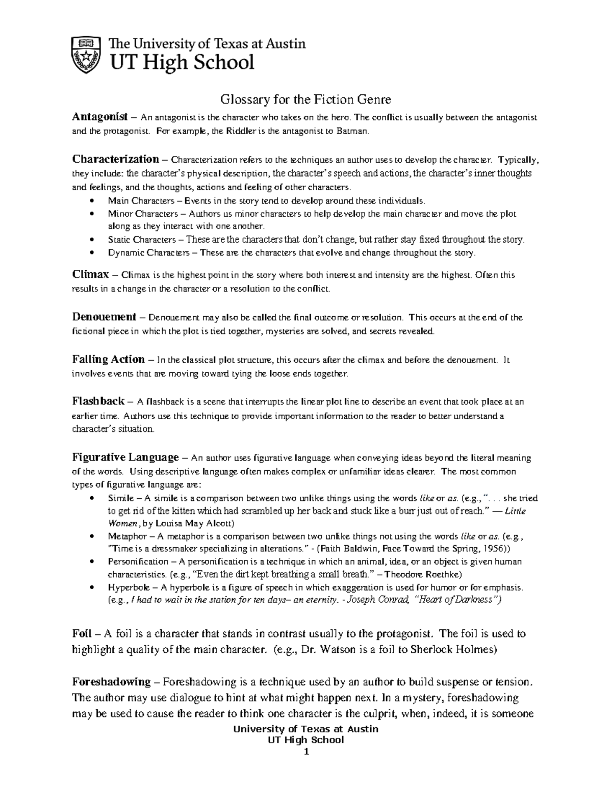 Glossary of Key Terms in Fiction: Definitions & Examples - Studocu