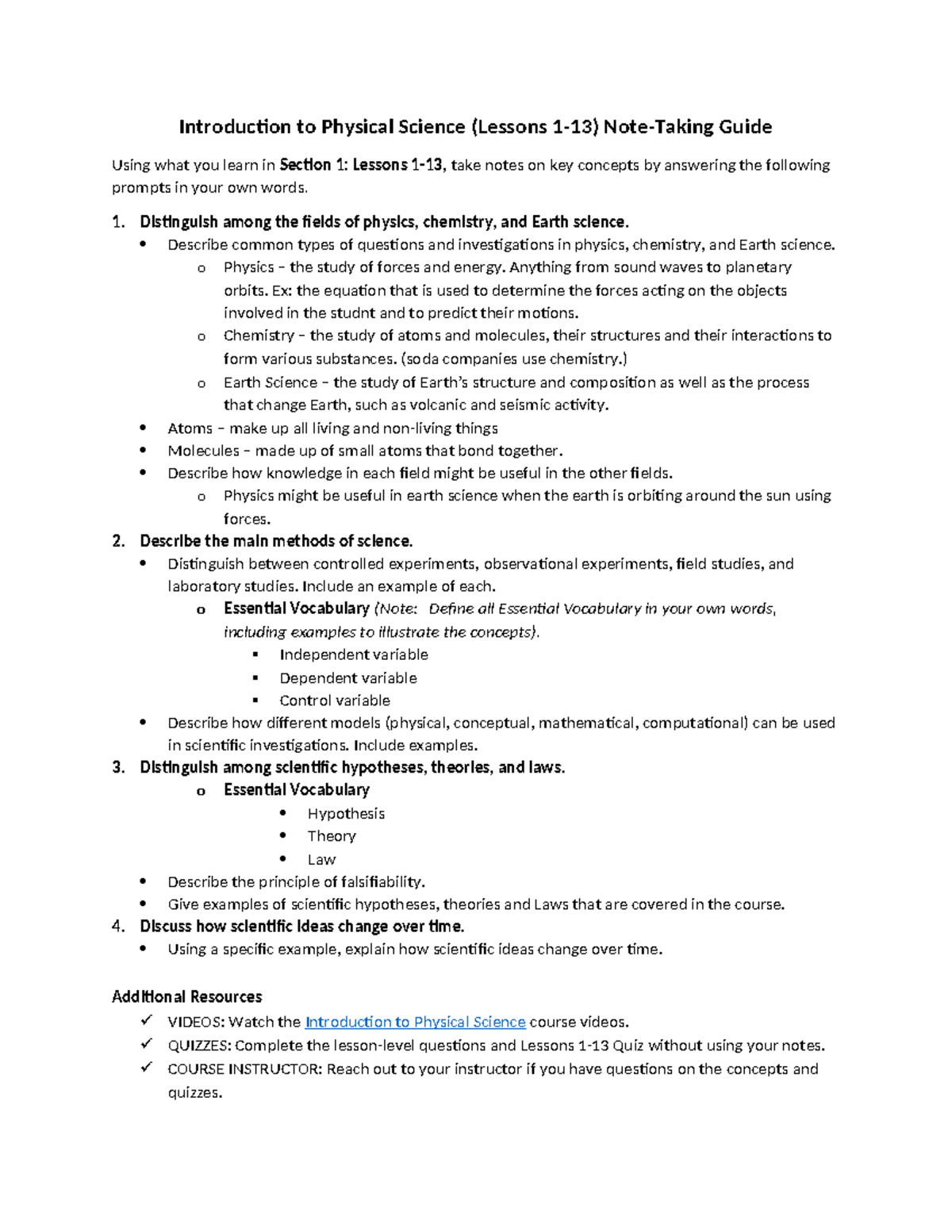 Integrated Physical Science I: Note-Taking Guide for Lessons 1-13 - Studocu