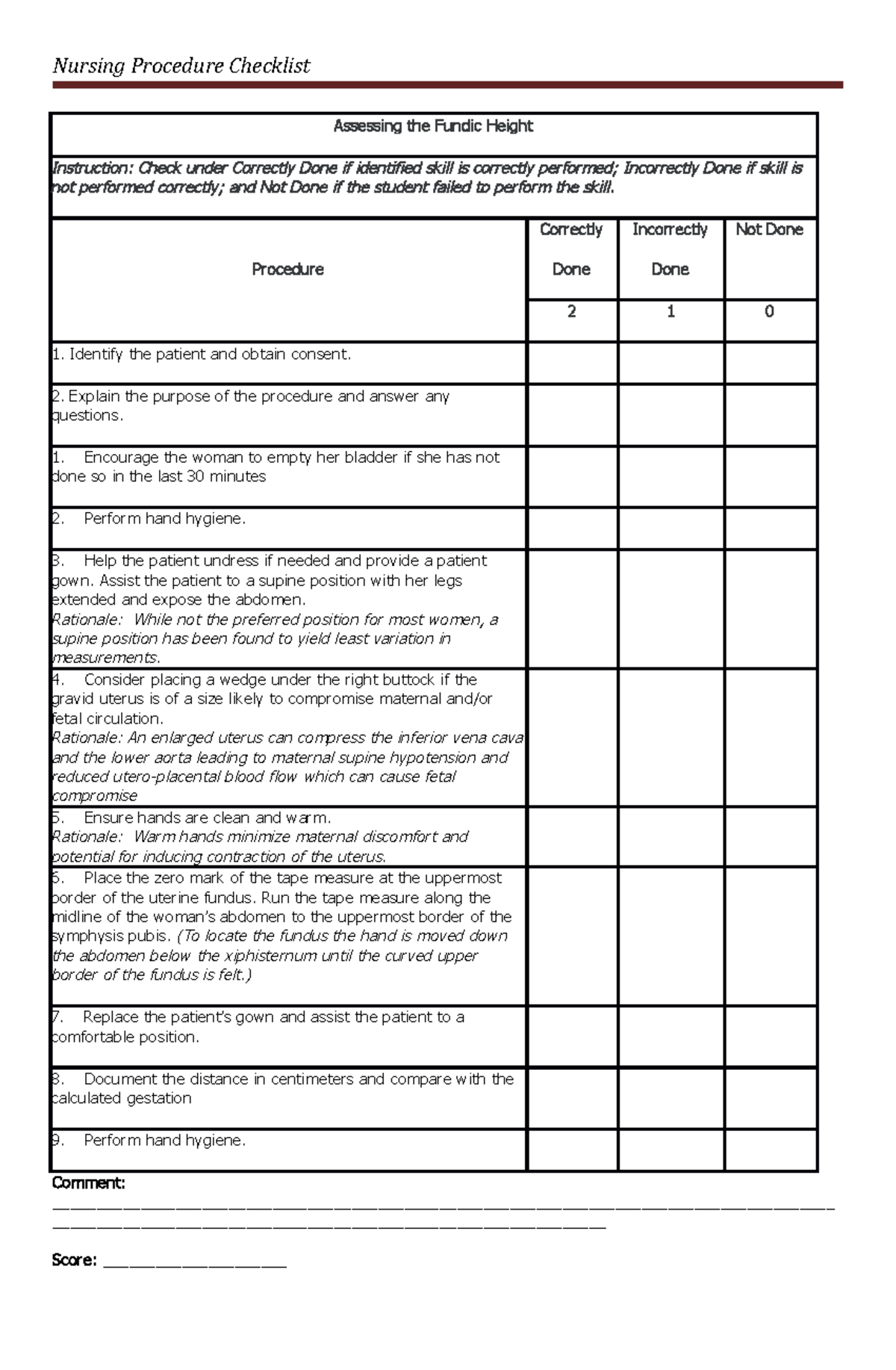 Fundic Height Measurement Checklist: Nursing Procedure Evaluation - Studocu