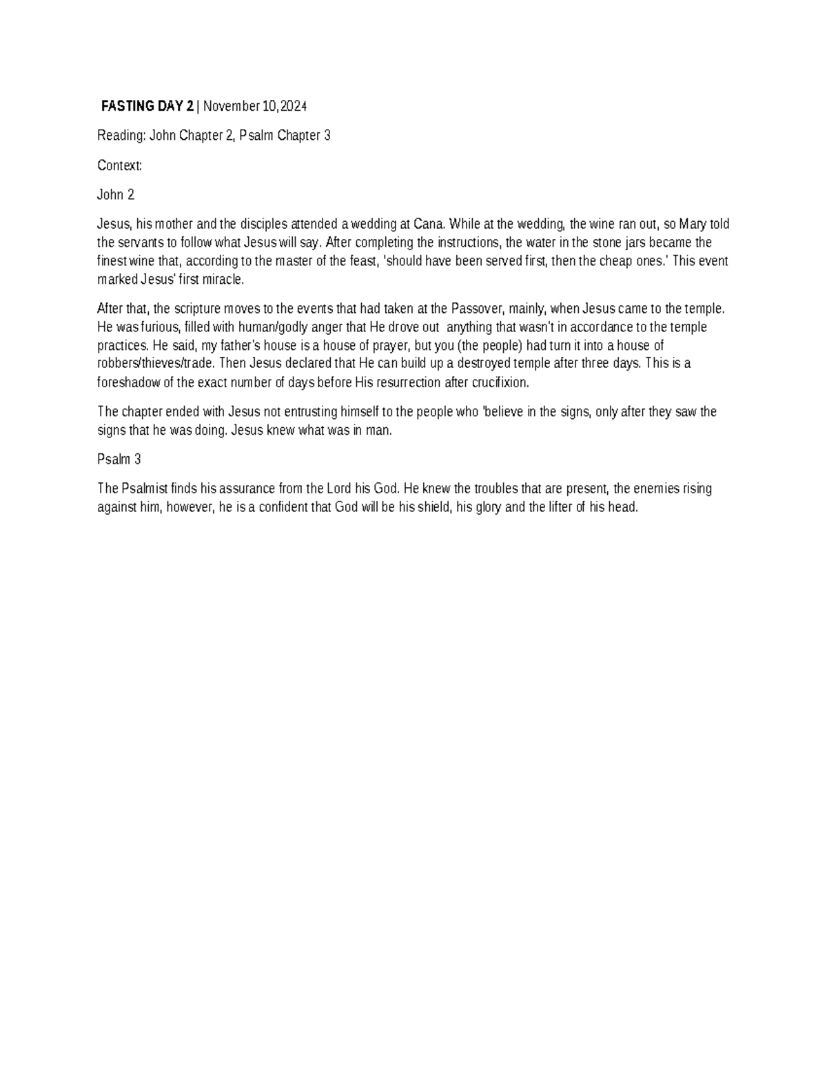 Fasting Day 2 Reflection: Insights from John 2 & Psalm 3 - Studocu