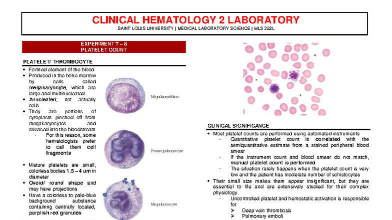 CLINICAL HEMATOLOGY 2 LABORATORY MLS 322L PLATELET COUNT EXPERIMENTS 7 ...
