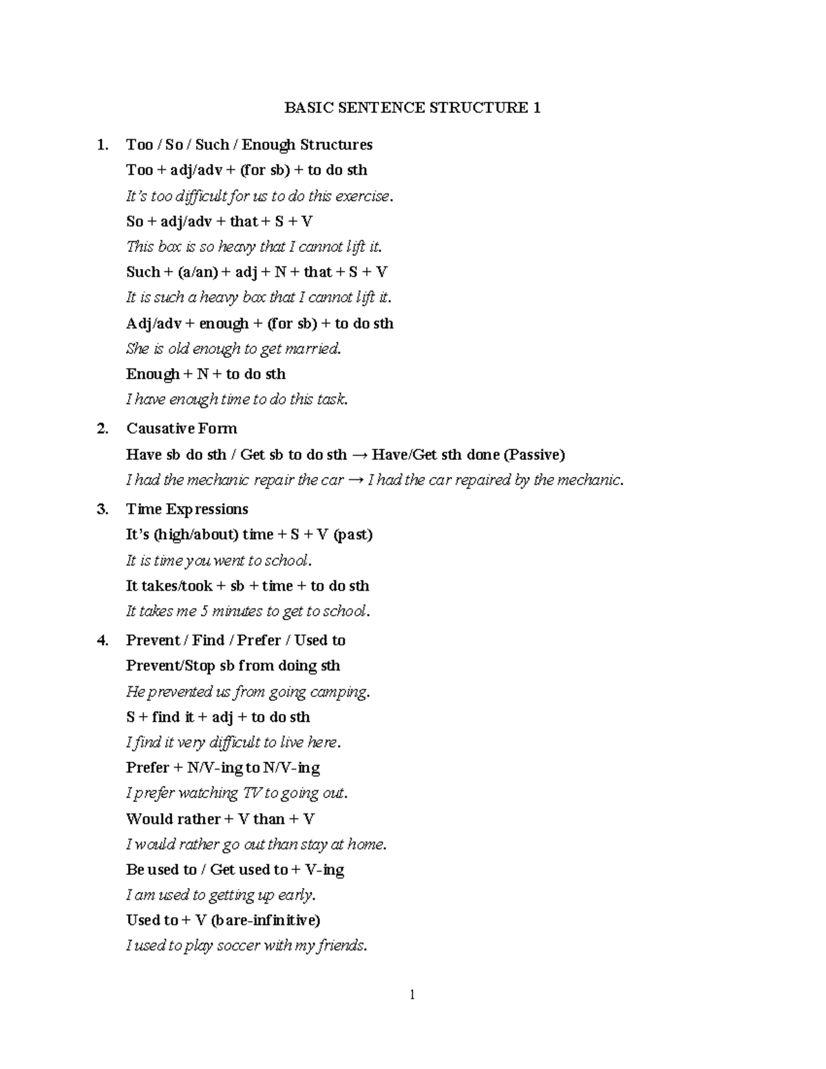 Basic Sentence Structure 1: Key Grammar Concepts and Exercises - Studocu