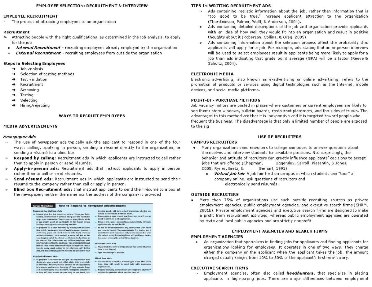 Chapter 4: Recruitment and Interview Techniques (HRM 101) - Studocu