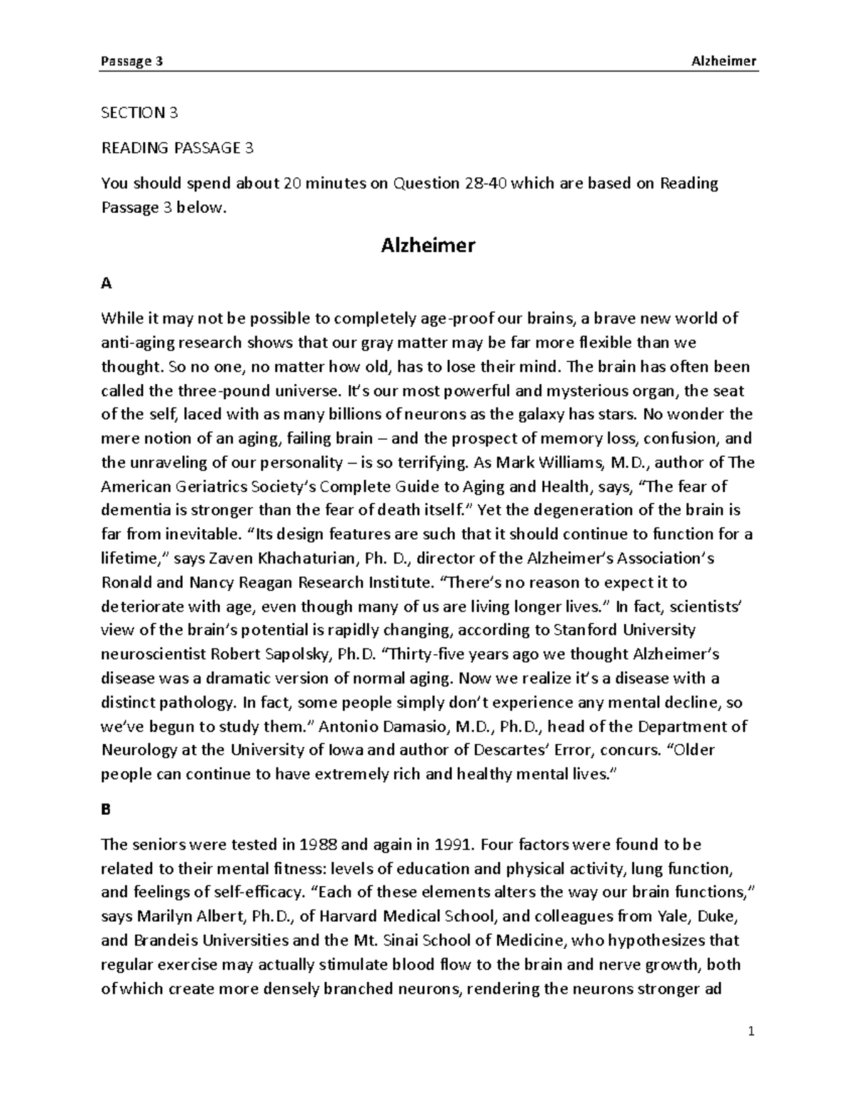33 Passage 3 - Alzheimer Reading Comprehension Questions Q28-40 - Studocu