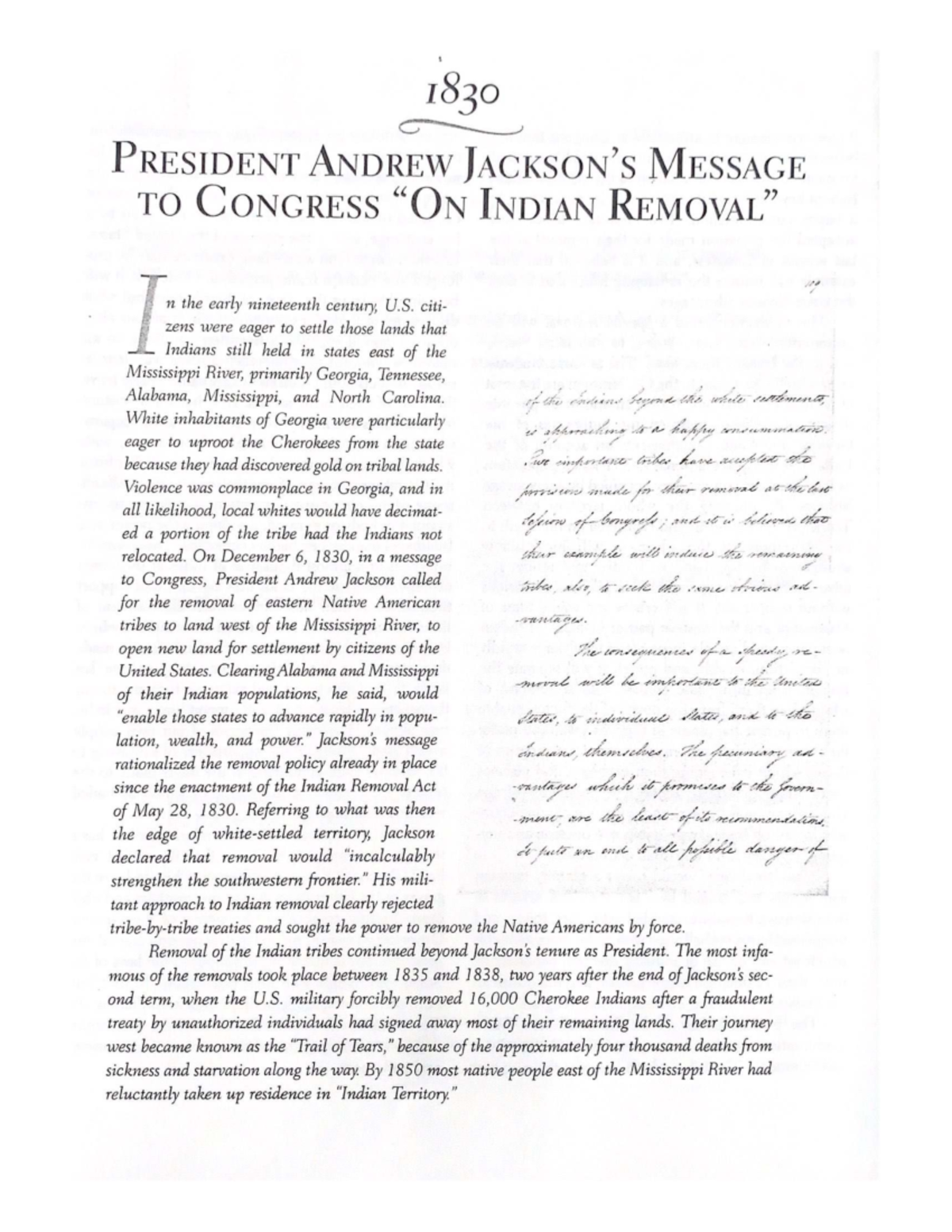 1830 PRESIDENT ANDREW JACKSON'S MESSAGE TO CONGRESS ON INDIAN REMOVAL ...