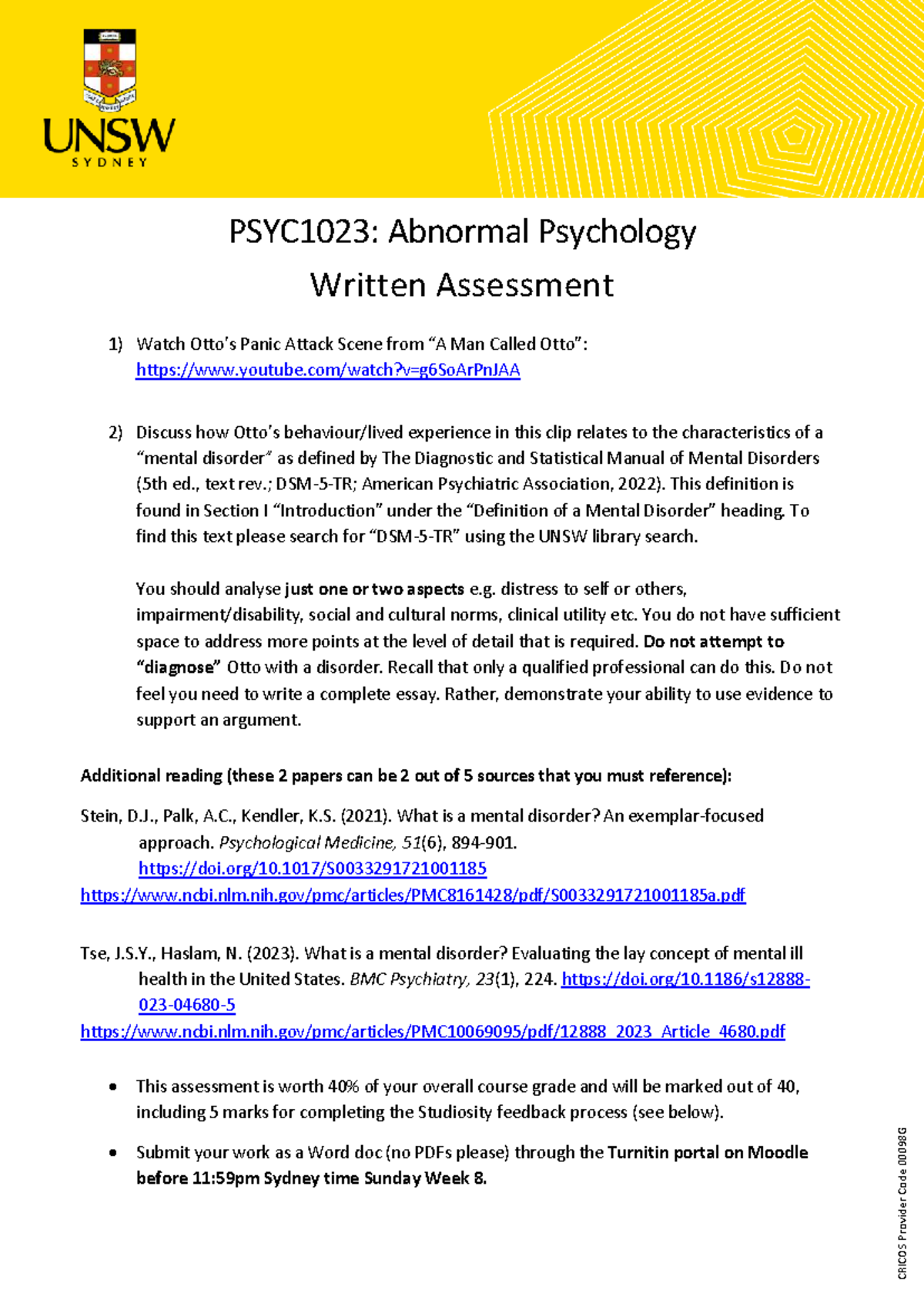 PSYC1023: Abnormal Psychology Written Assessment Guidelines - Studocu
