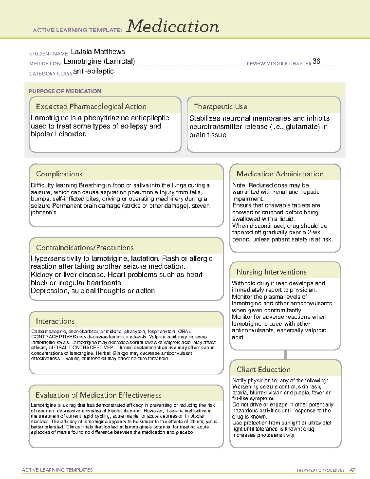 ACTIVE LEARNING TEMPLATE: Lamotrigine (Lamictal) Review Module CH 36 ...