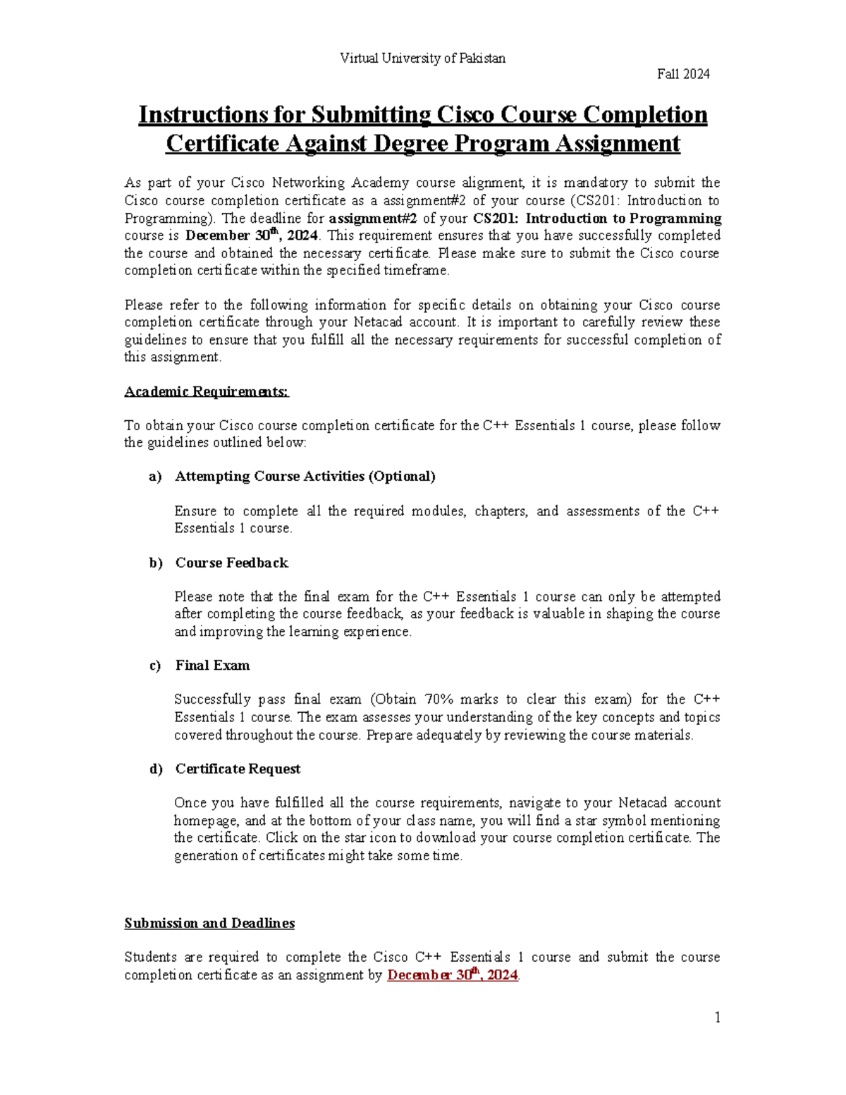 Fall 2024 CS201: Cisco Course Completion Certificate Submission Guidelines - Studocu