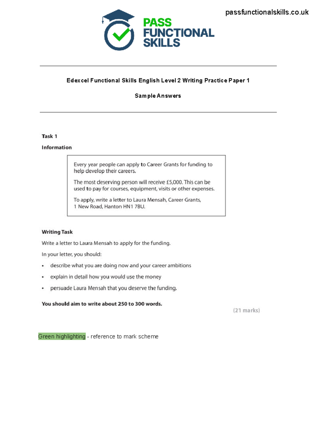Edexcel Functional Skills English L2 Writing Practice Paper 1 Model ...