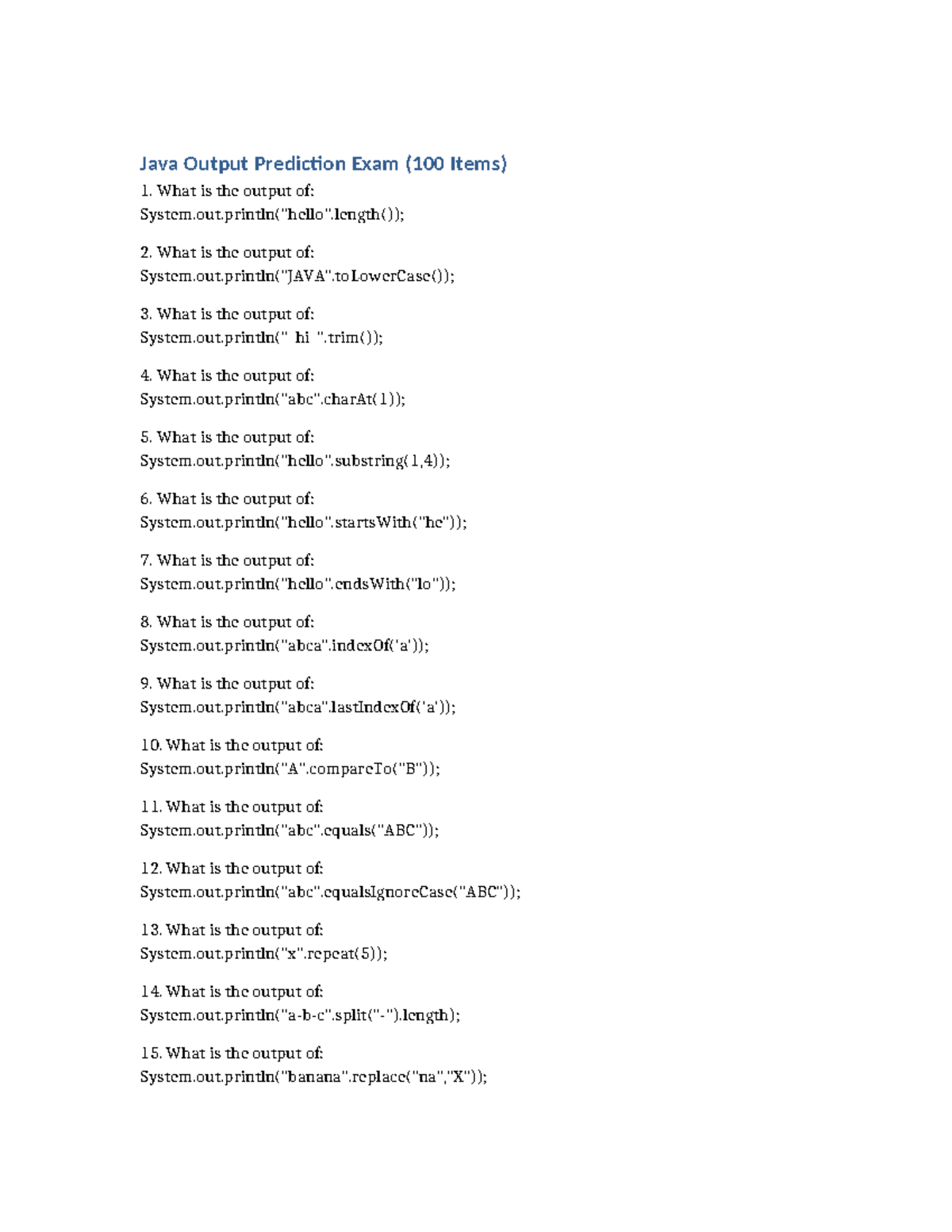 Java Output Prediction Exam (100 Items) - Final Review - Studocu