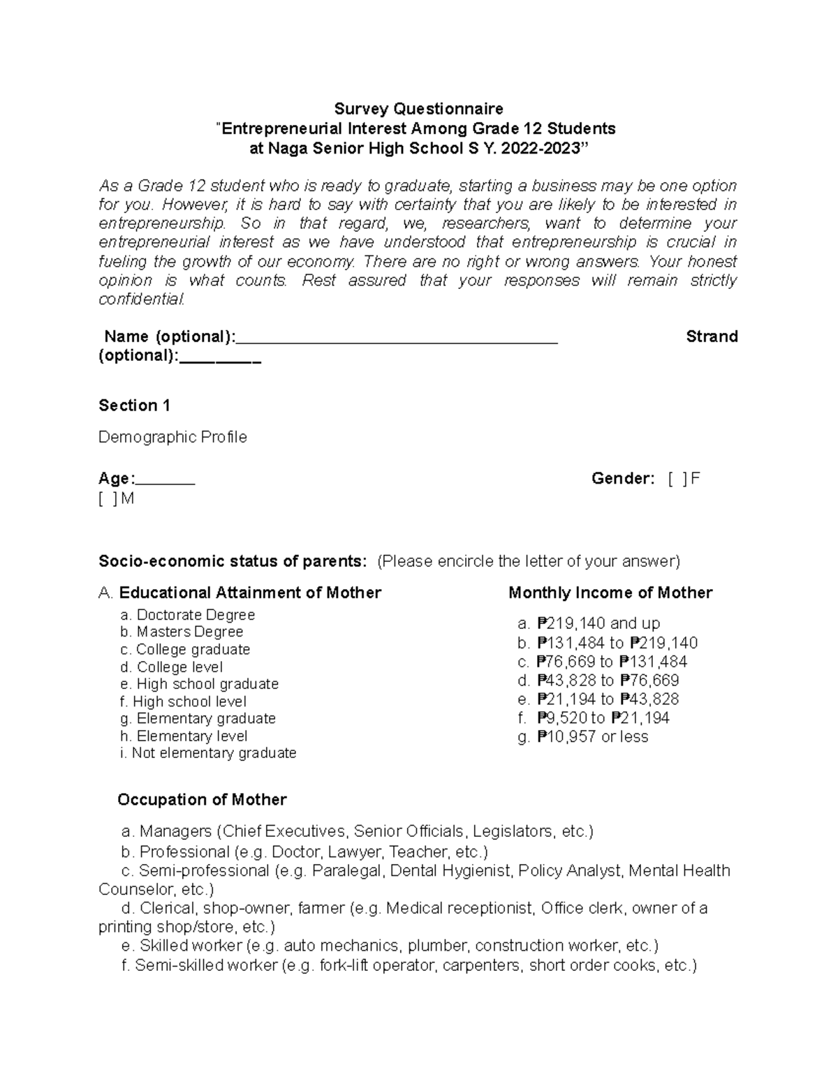 Entrepreneurial Interest Survey-Questionnaire for Grade 12 Students ...