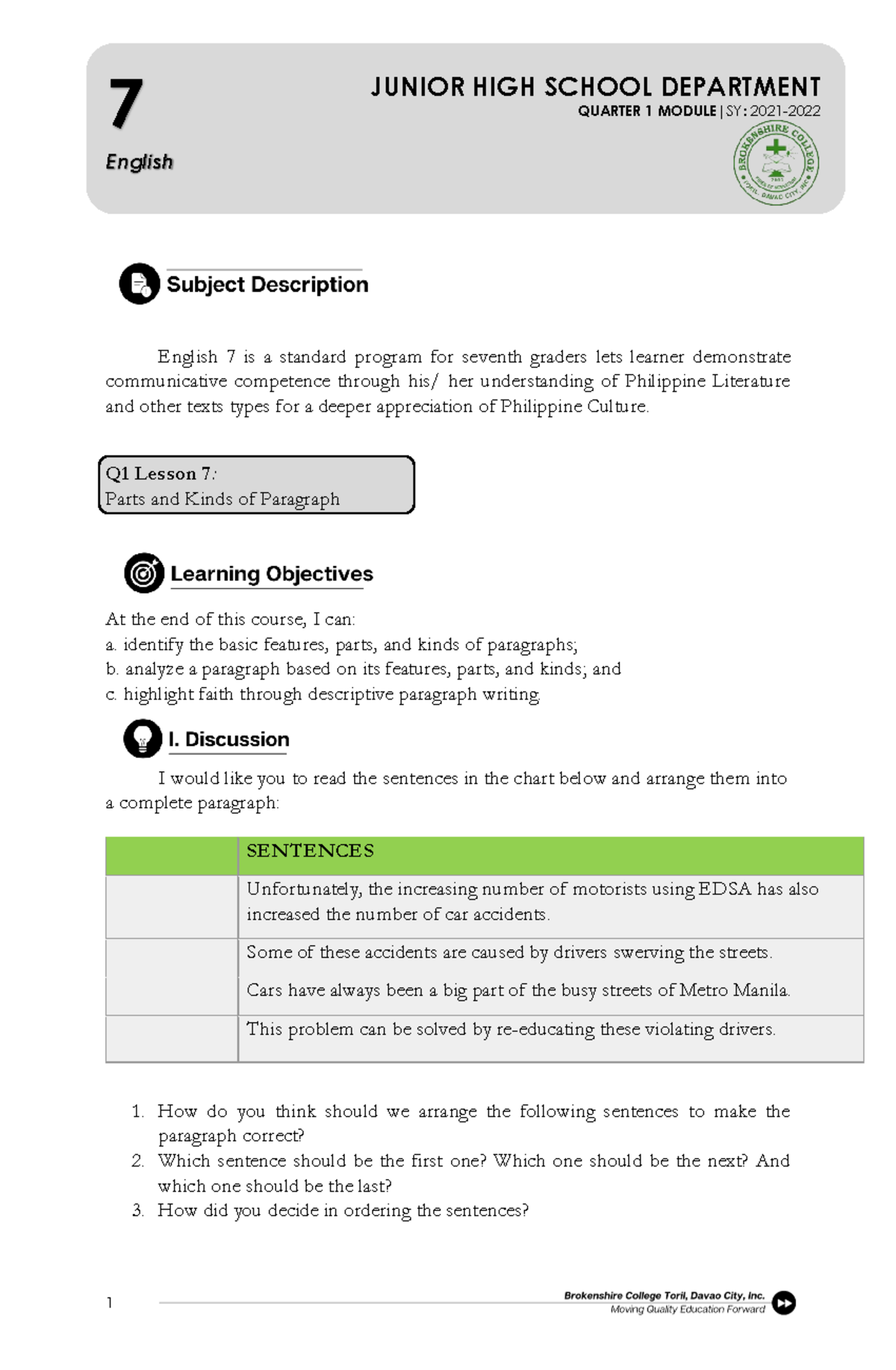 English 7 | Module 7: Understanding Parts and Kinds of Paragraphs - Studocu