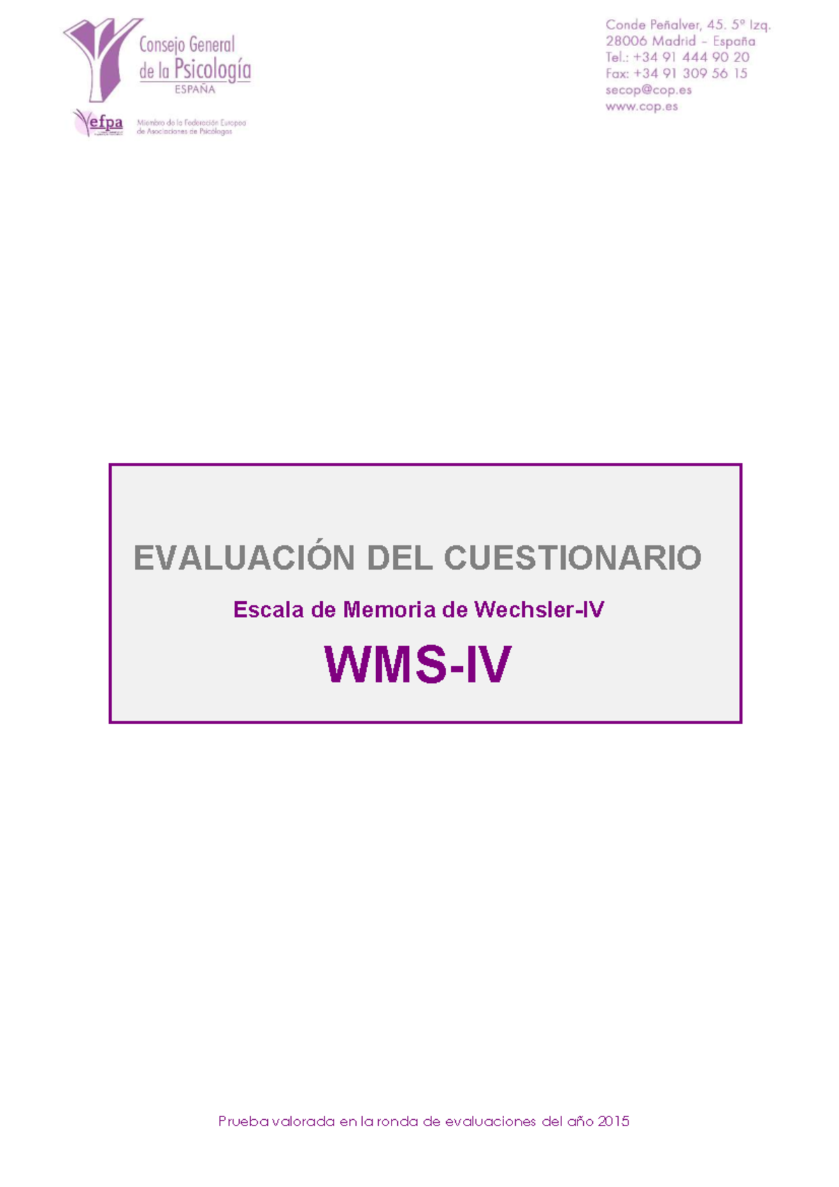 WMS-IV: Evaluación de la Escala de Memoria Wechsler (2015) - Studocu