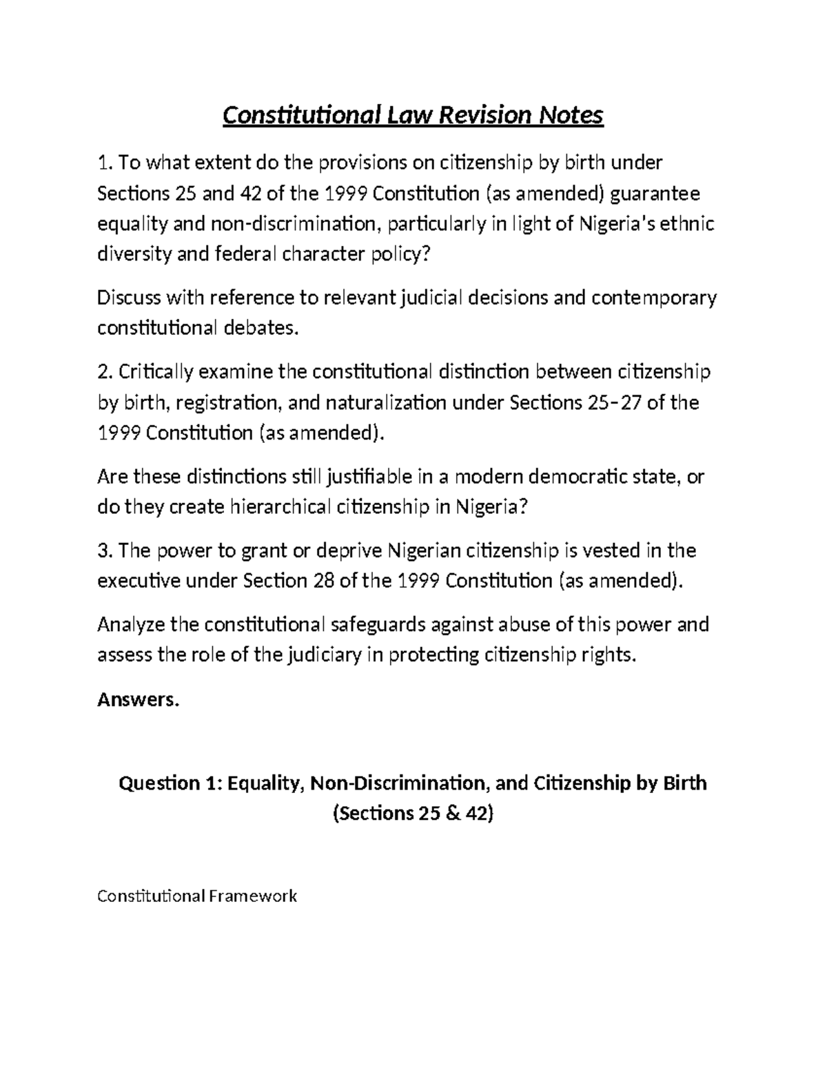 Constitutional Law Revision Notes: Citizenship & Equality Issues (CL ...