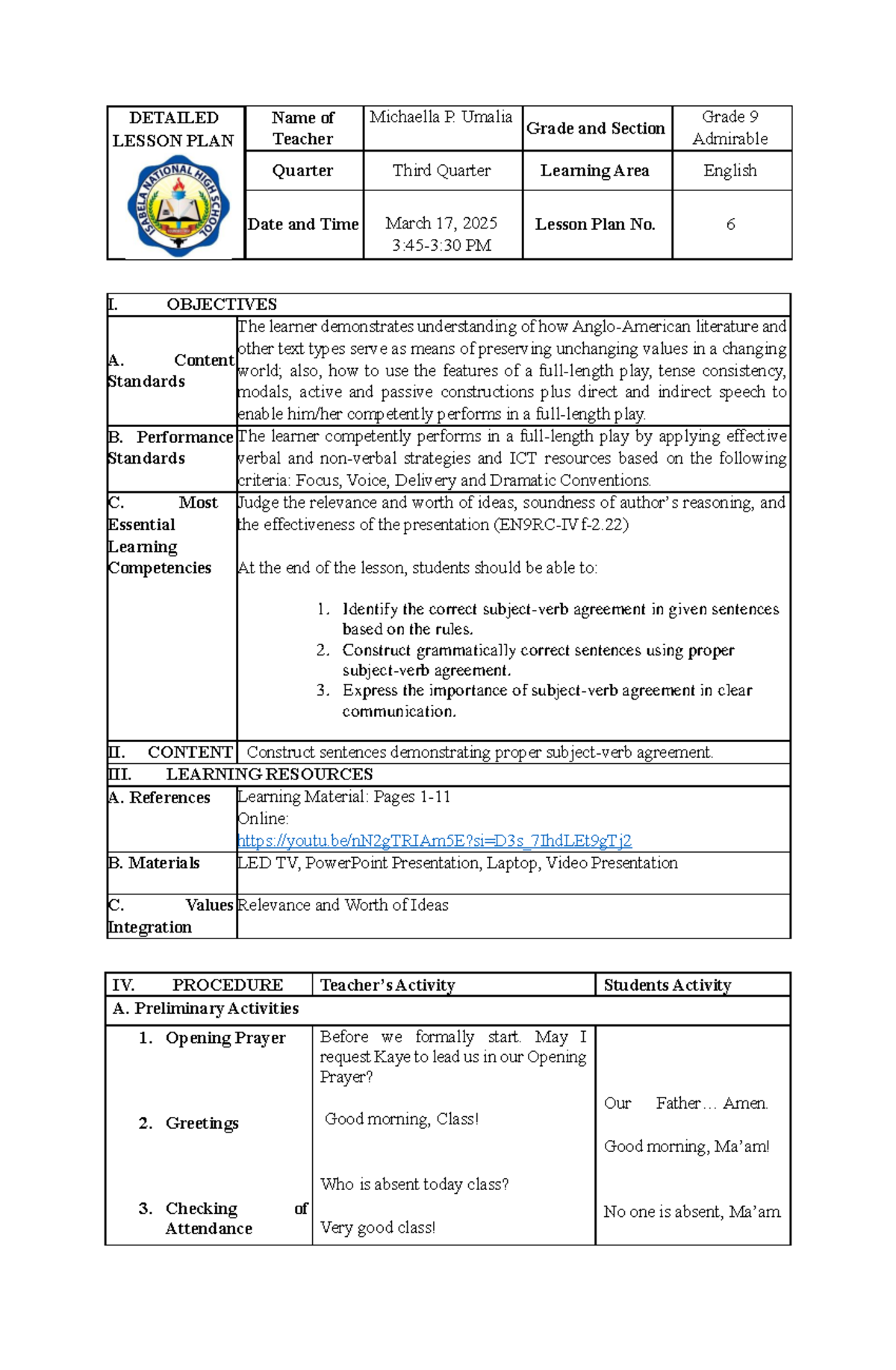 Grade 9 English Lesson Plan: Understanding Subject-Verb Agreement - Studocu