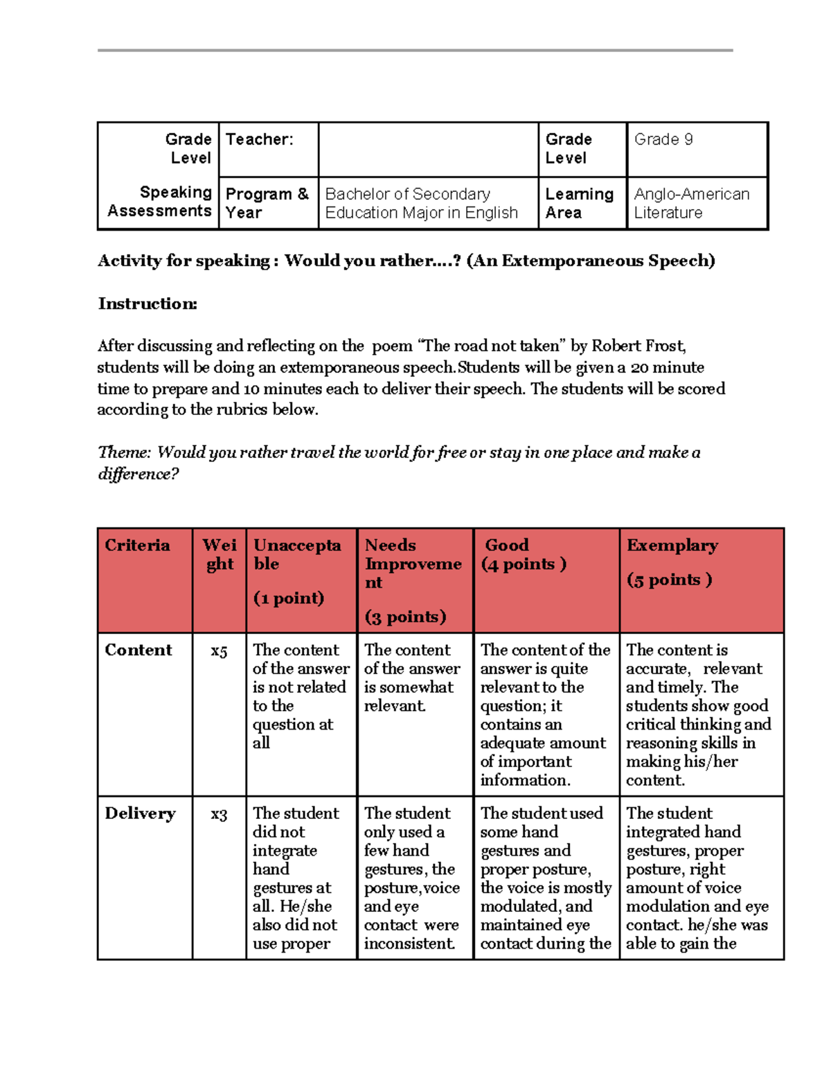 Grade 9 Extemporaneous Speech Assessment: TAMS Rubrics - Studocu