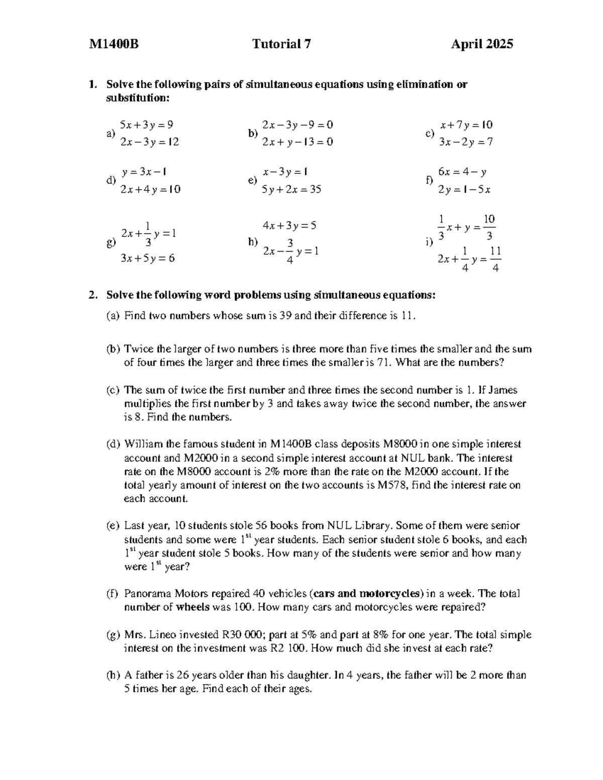 M1400B Tutorial 7: Solving Simultaneous Equations & Word Problems - Studocu