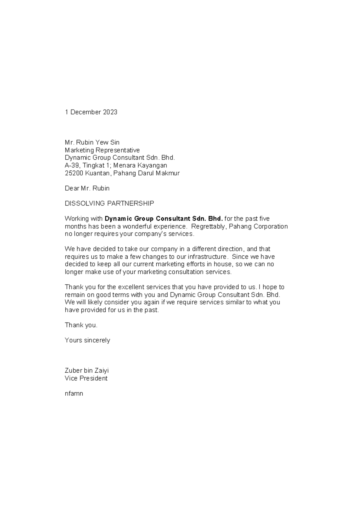 OBM 102 Business Letter: Dissolving Partnership Notification - Studocu