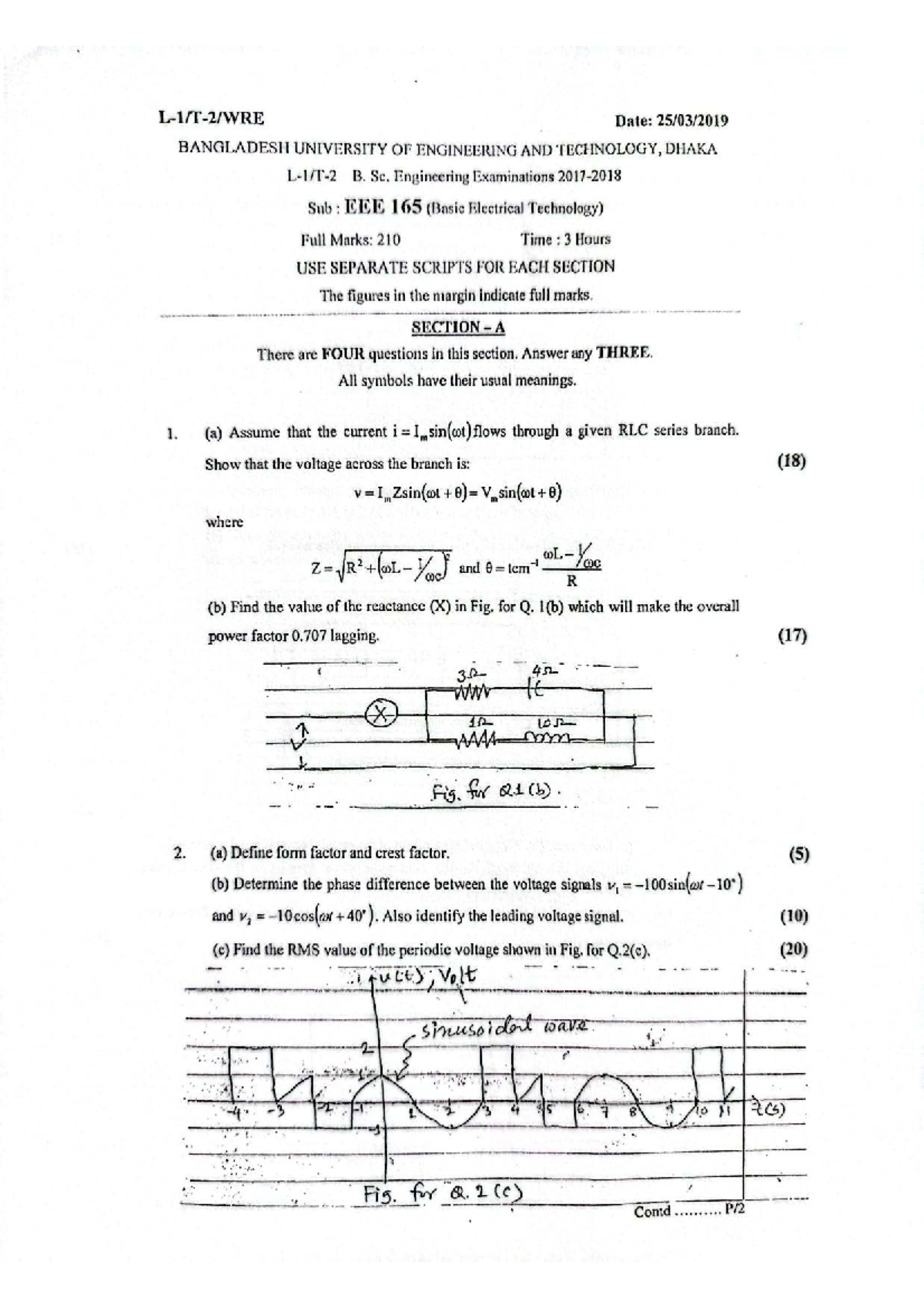 B.Sc. Engineering Exam: Basic Electrical Technology (165) - Studocu