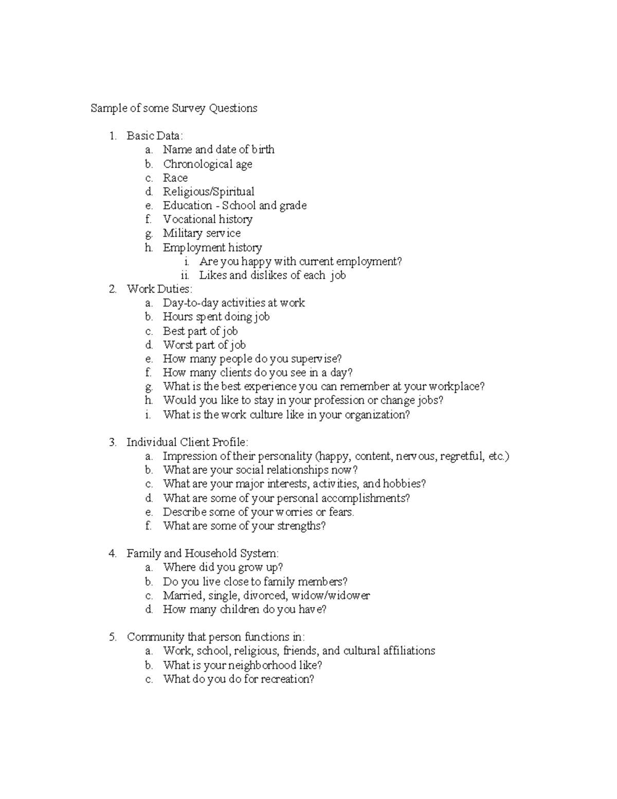Survey Questions Sample: Basic Data, Work Duties, Client Profile ...