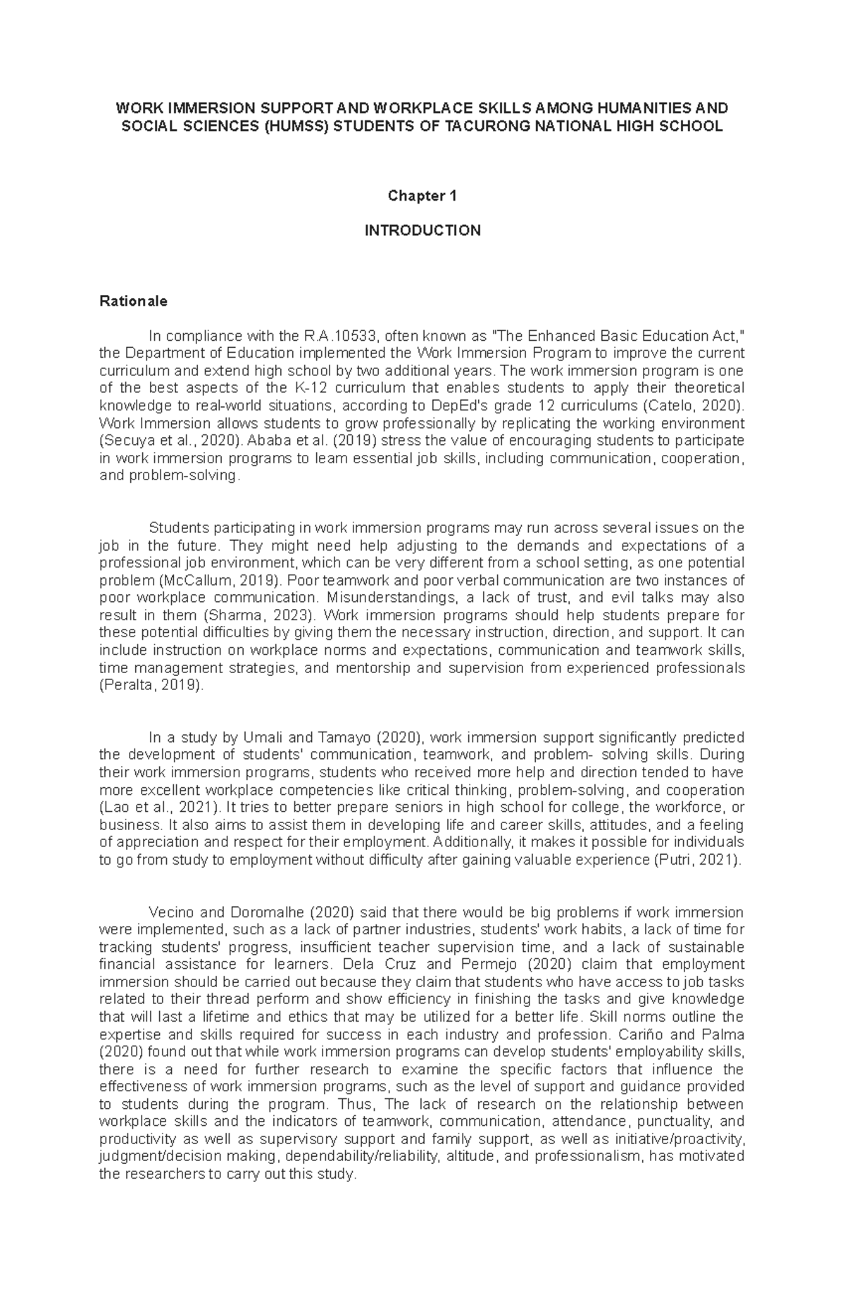 HUMMS 101: Work Immersion Support & Workplace Skills in HUMSS Students ...