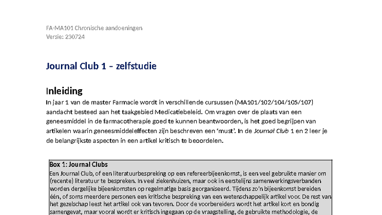 Journalclubs MA101+ antwoorden - Versie: 230724 Journal Club 1 ...