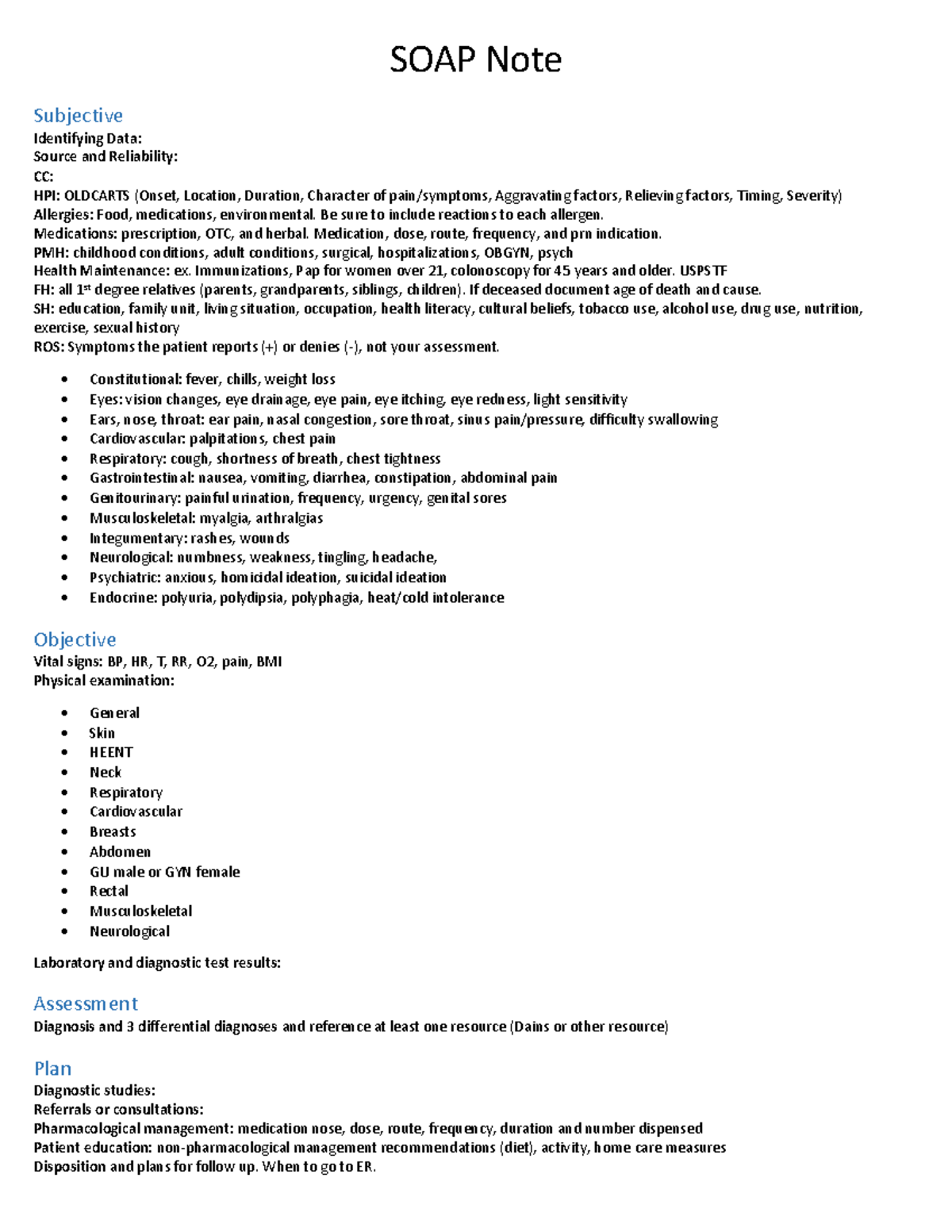 SOAP Summary Template - Bates' Physical Exam & History Taking, 11th Ed ...