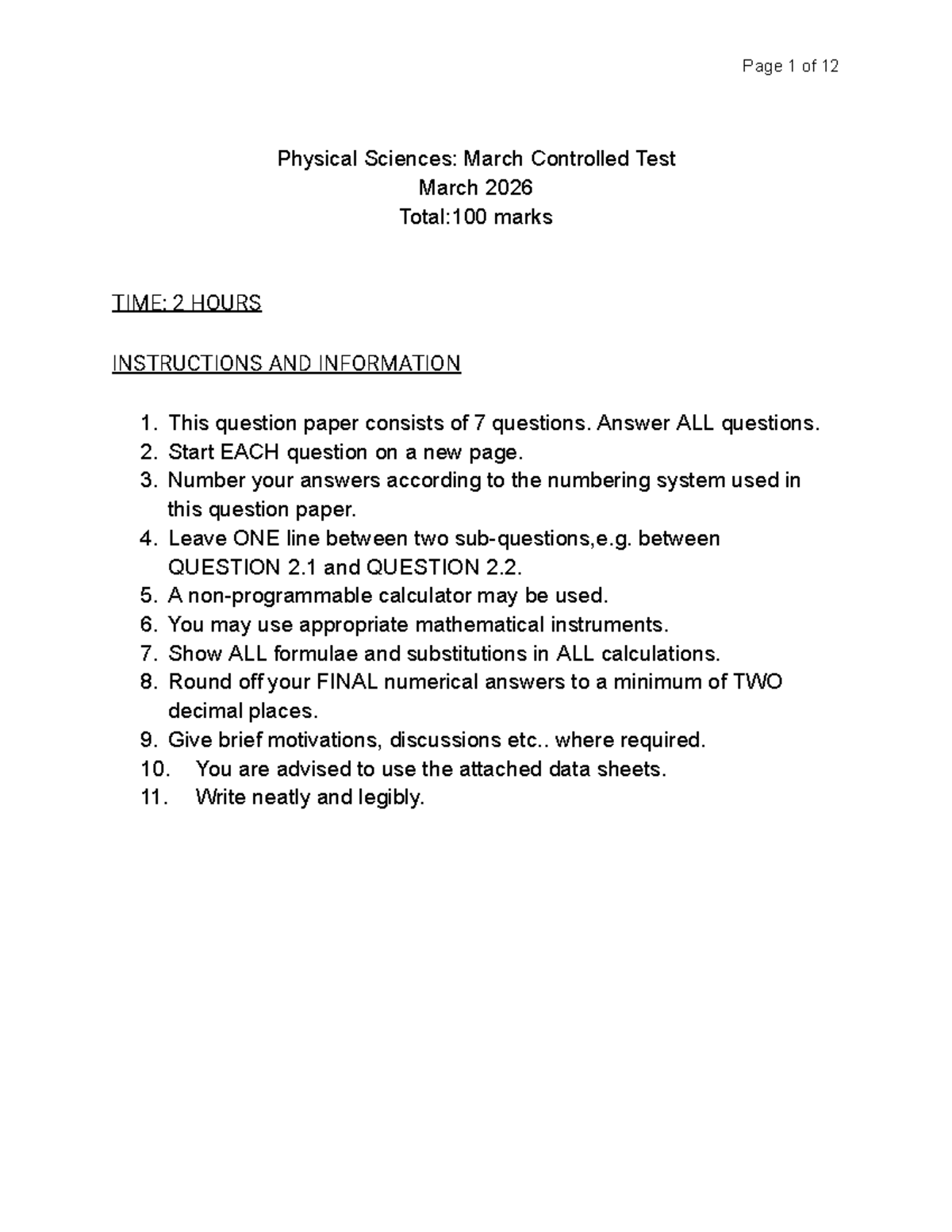 Grade 12 Physical Sciences: March Controlled Test 2026 - Studocu