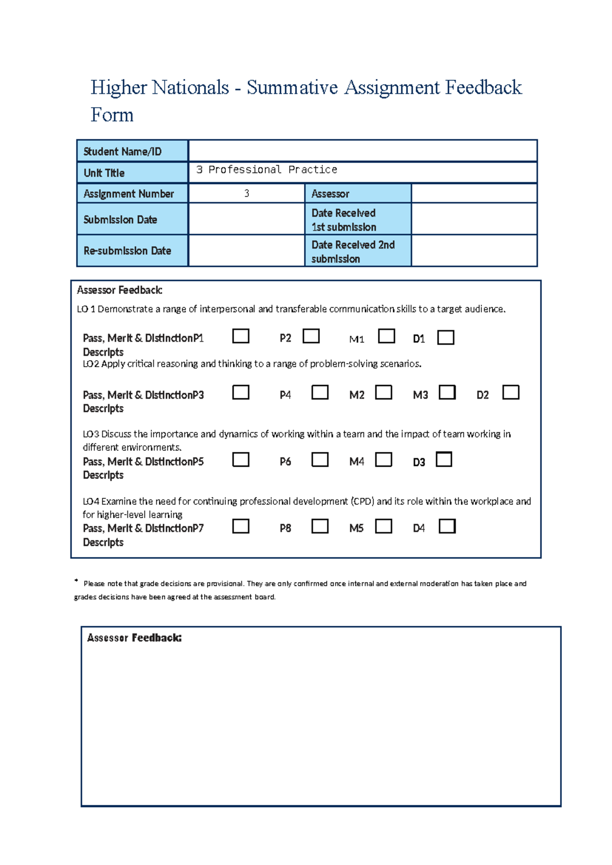BTEC HND Unit 3 Professional Practice Assignment Feedback Form - Studocu