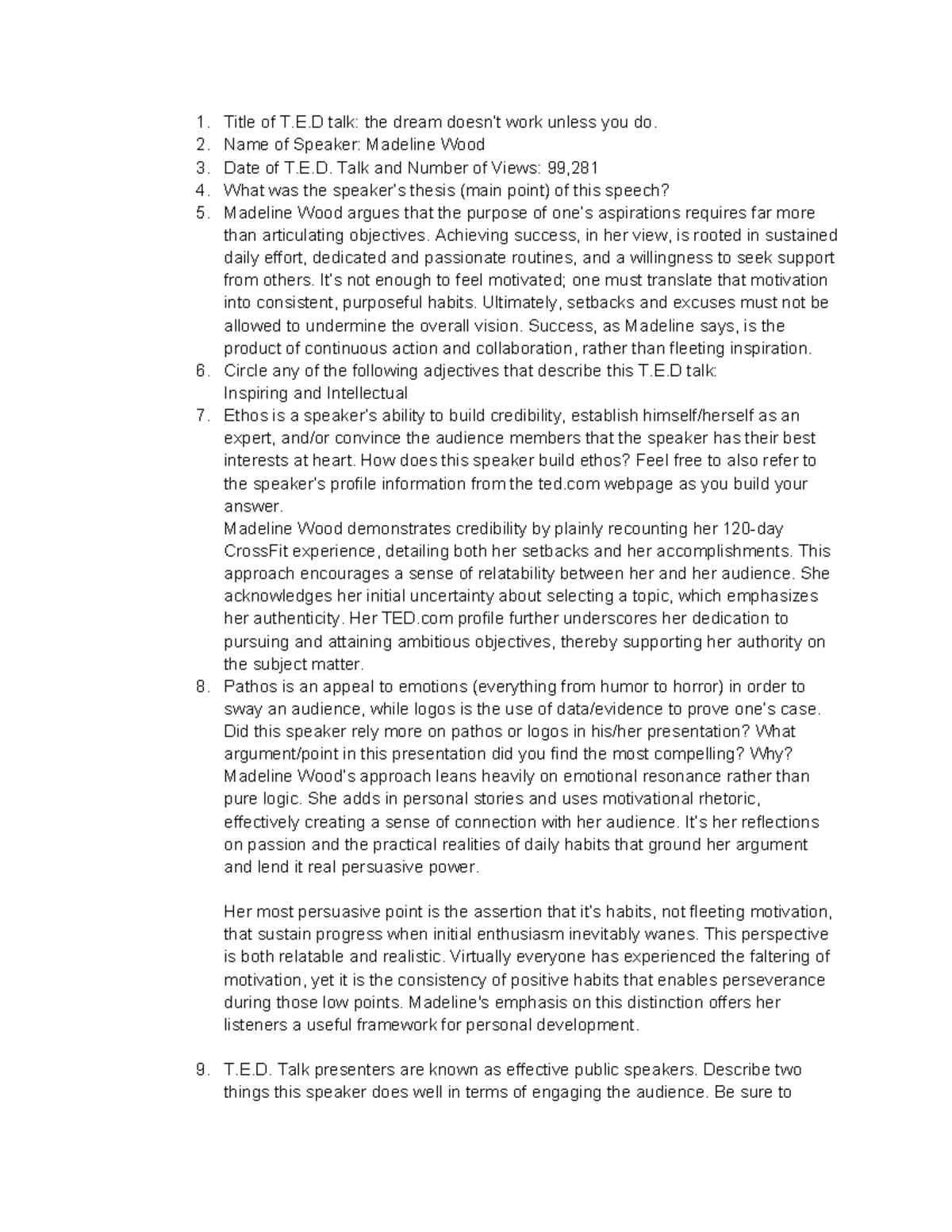 TED Talk Worksheet: Analyzing Madeline Wood's Inspiring Speech - Studocu