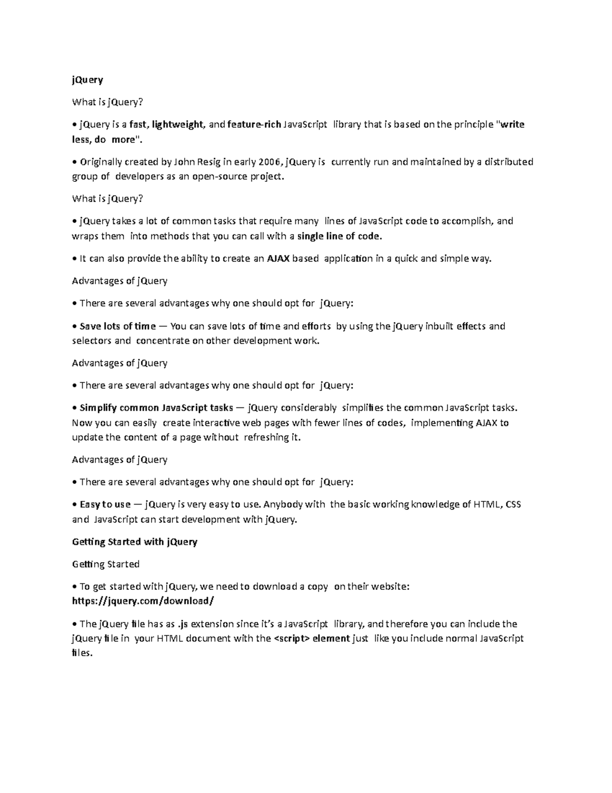 J Query - jQuery What is jQuery? jQuery is a fast, lightweight, and ...