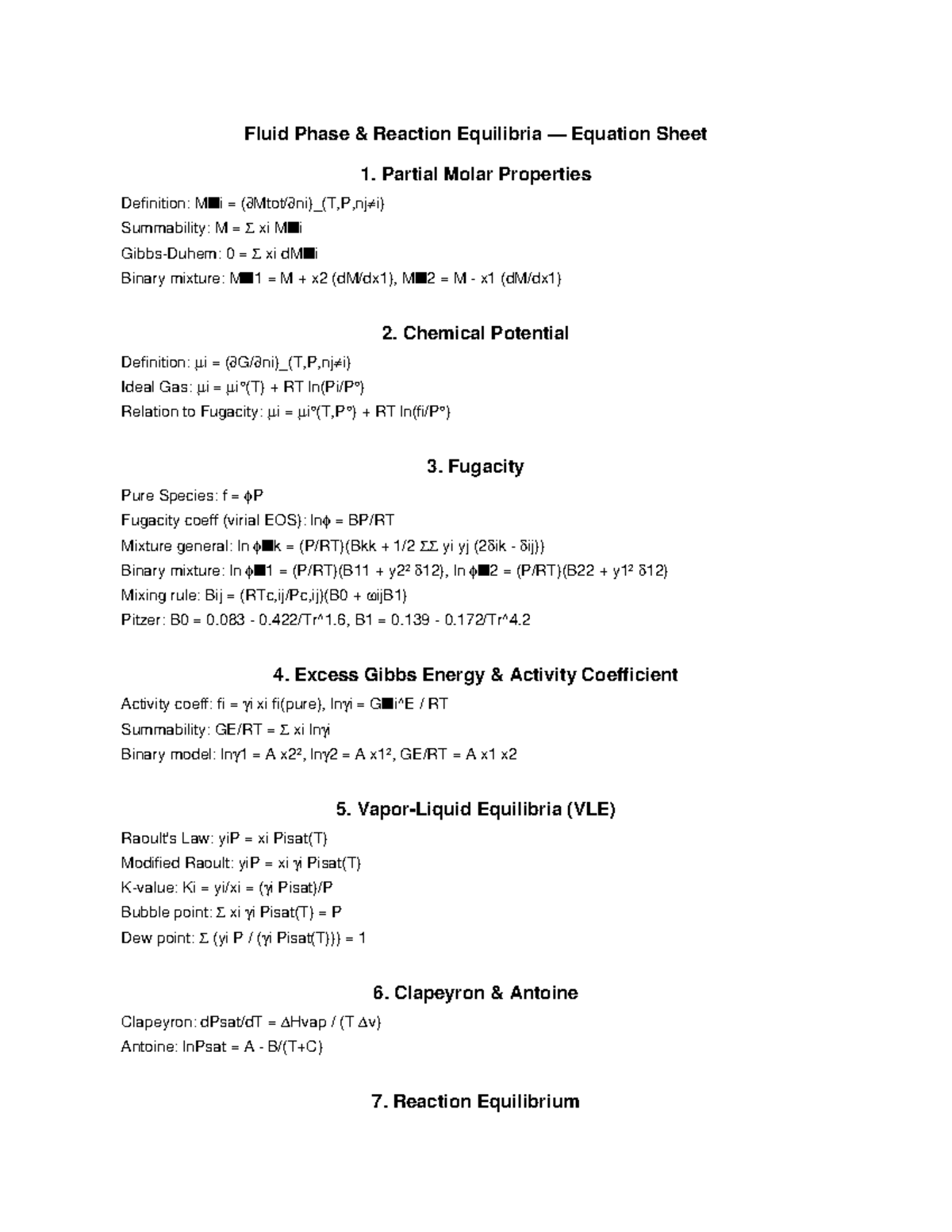 Fluid Phase & Reaction Equilibria Equation Sheet - Reference Guide ...