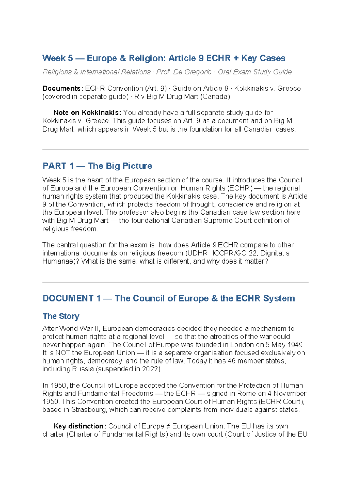 Week 5 Study Guide: Art. 9 ECHR & Big M Drug Mart Cases - Studocu