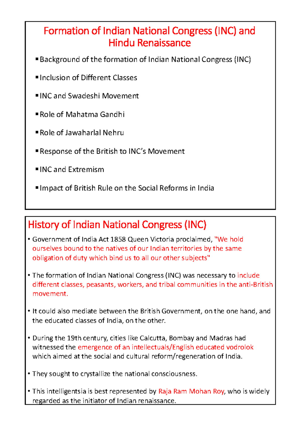 Formation of INC and Hindu Renaissance: A Historical Overview - Studocu