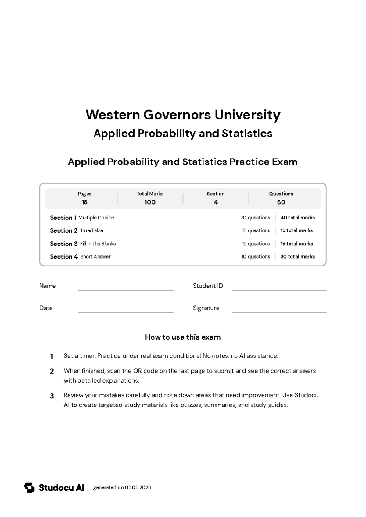 Applied Probability and Statistics Practice Exam - Studocu