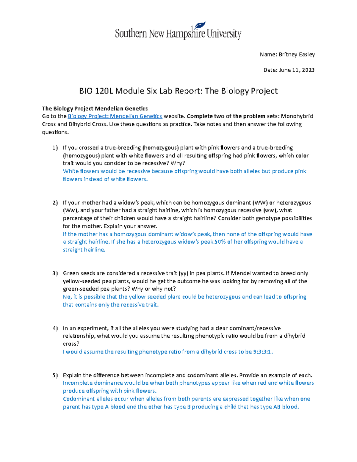 BIO 120L M6 Monohybrid & Dihybrid Genetics Lab Report - Studocu