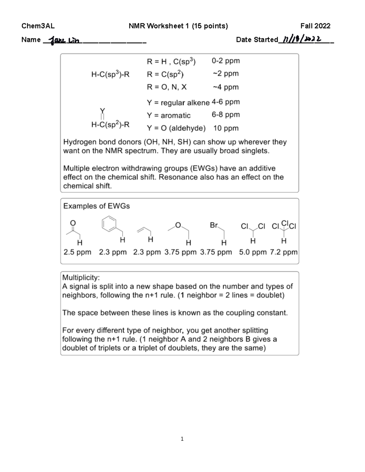 Chem3AL NMR Worksheet 1 Guide - Fall 2022 by Dr. Roy - Studocu