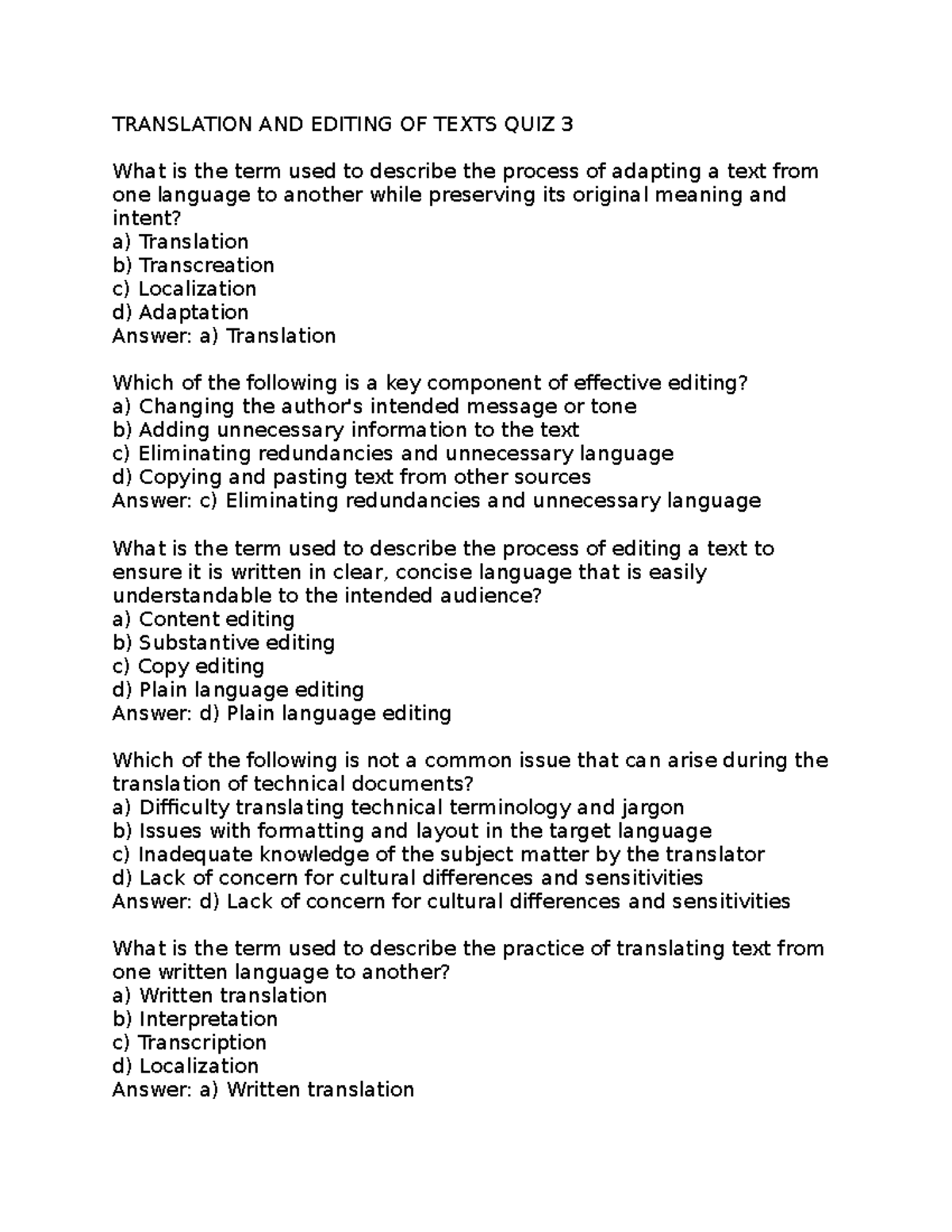 Translation & Editing of Texts Quiz 3: Key Concepts & Best Practices ...