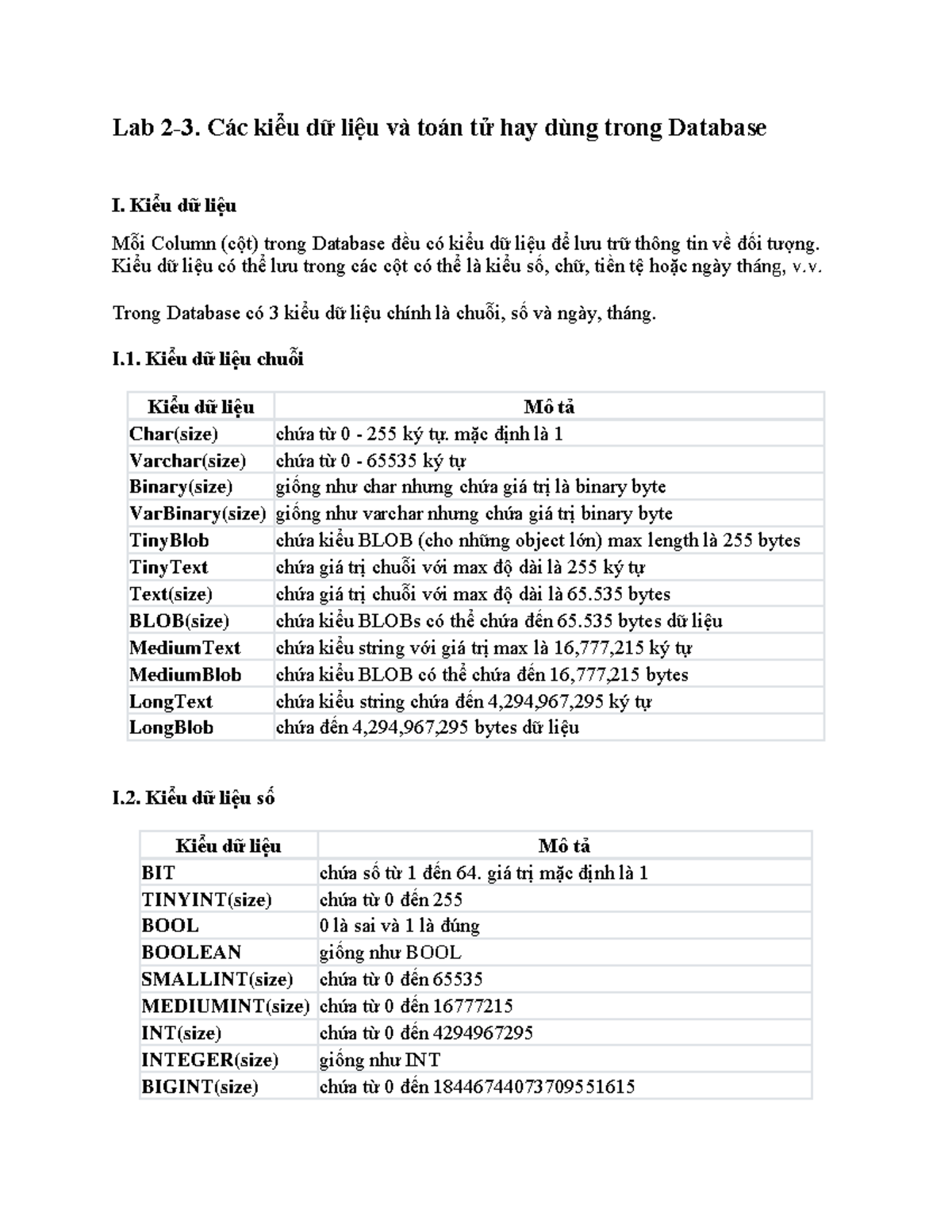Lab2-3 - web - Lab 2- 3. Các kiểu dữ liệu và toán tử hay dùng trong ...