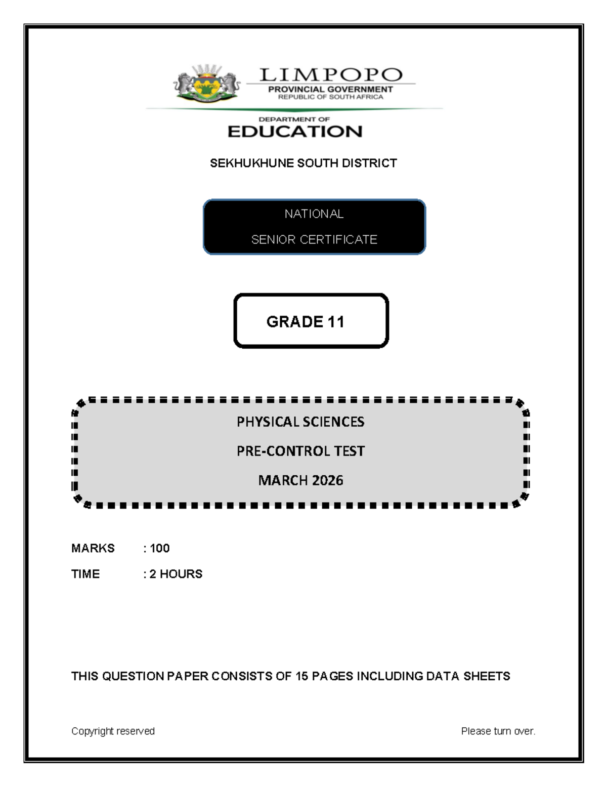 GR 11 PHSC PRE-CONTROLLED TEST QUESTION PAPER MARCH 2026 - Studocu