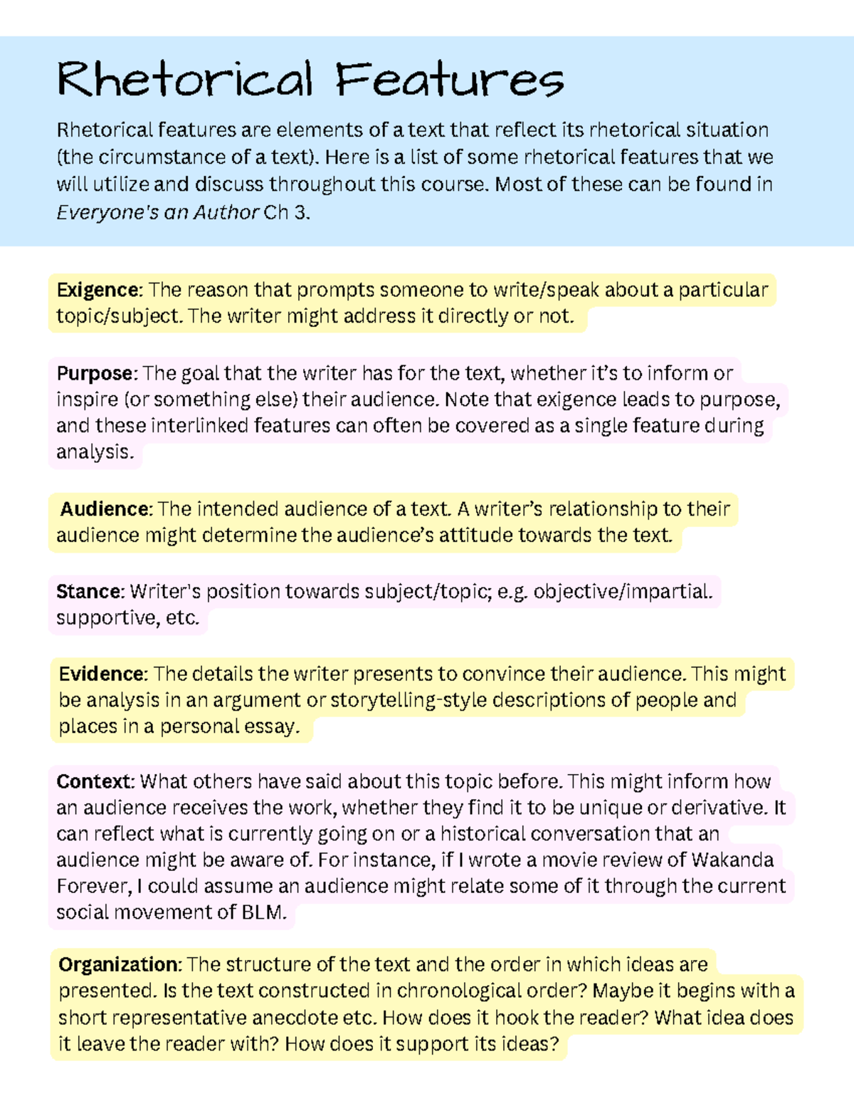 Rhetorical Features in Writing: Key Elements for Analysis - Studocu