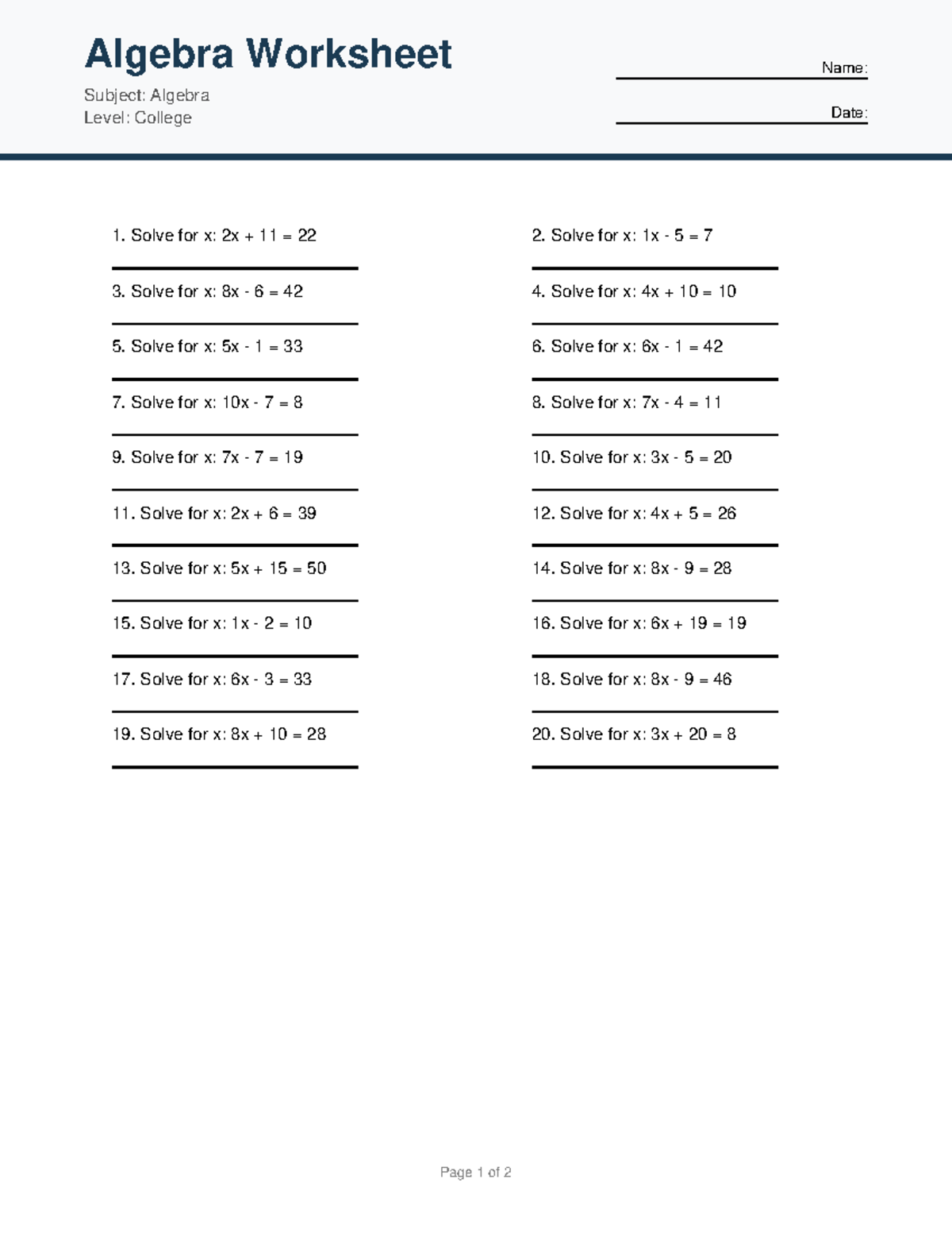 Algebra Worksheet - College Level Practice Problems - Studocu