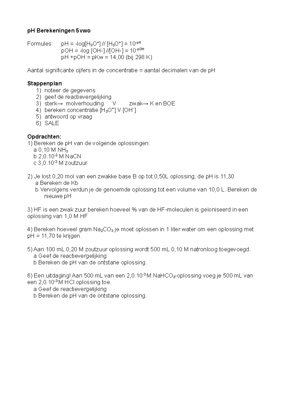 Oefenblad pH Berekeningen 5vwo: Formules en Opdrachten - Studeersnel