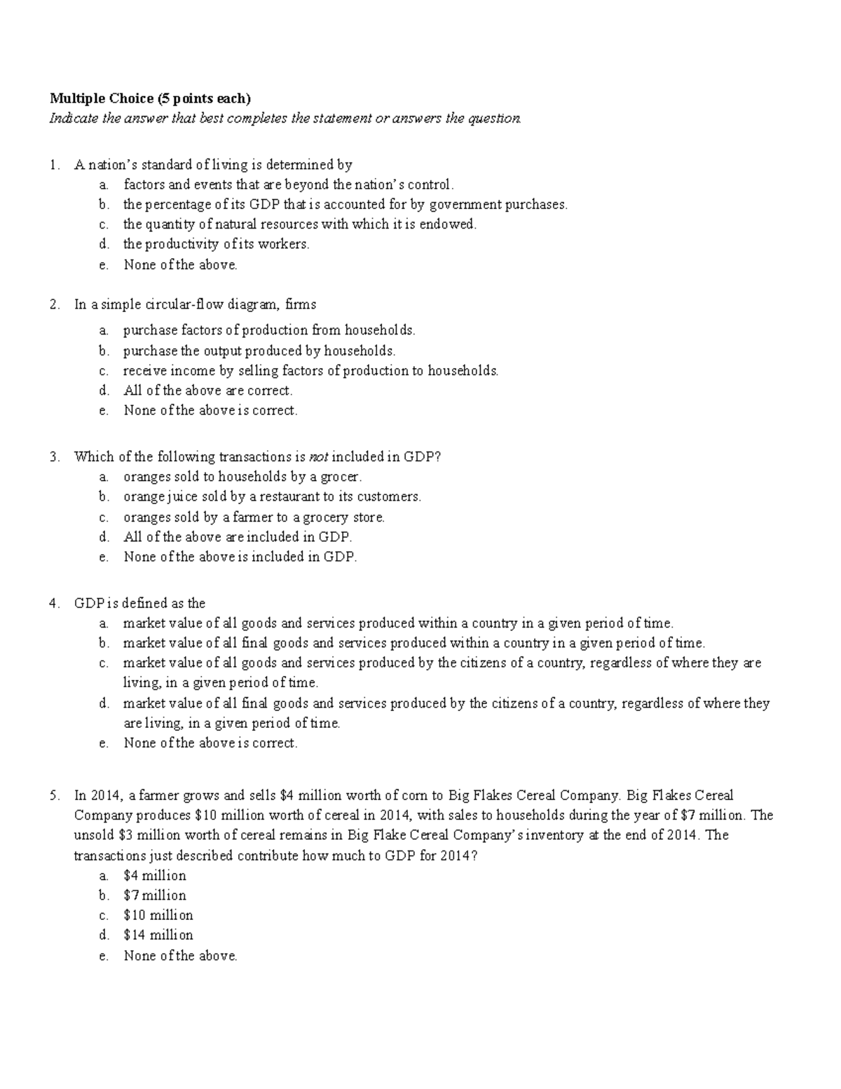 Economics Quiz: GDP and Inflation Concepts - Studocu