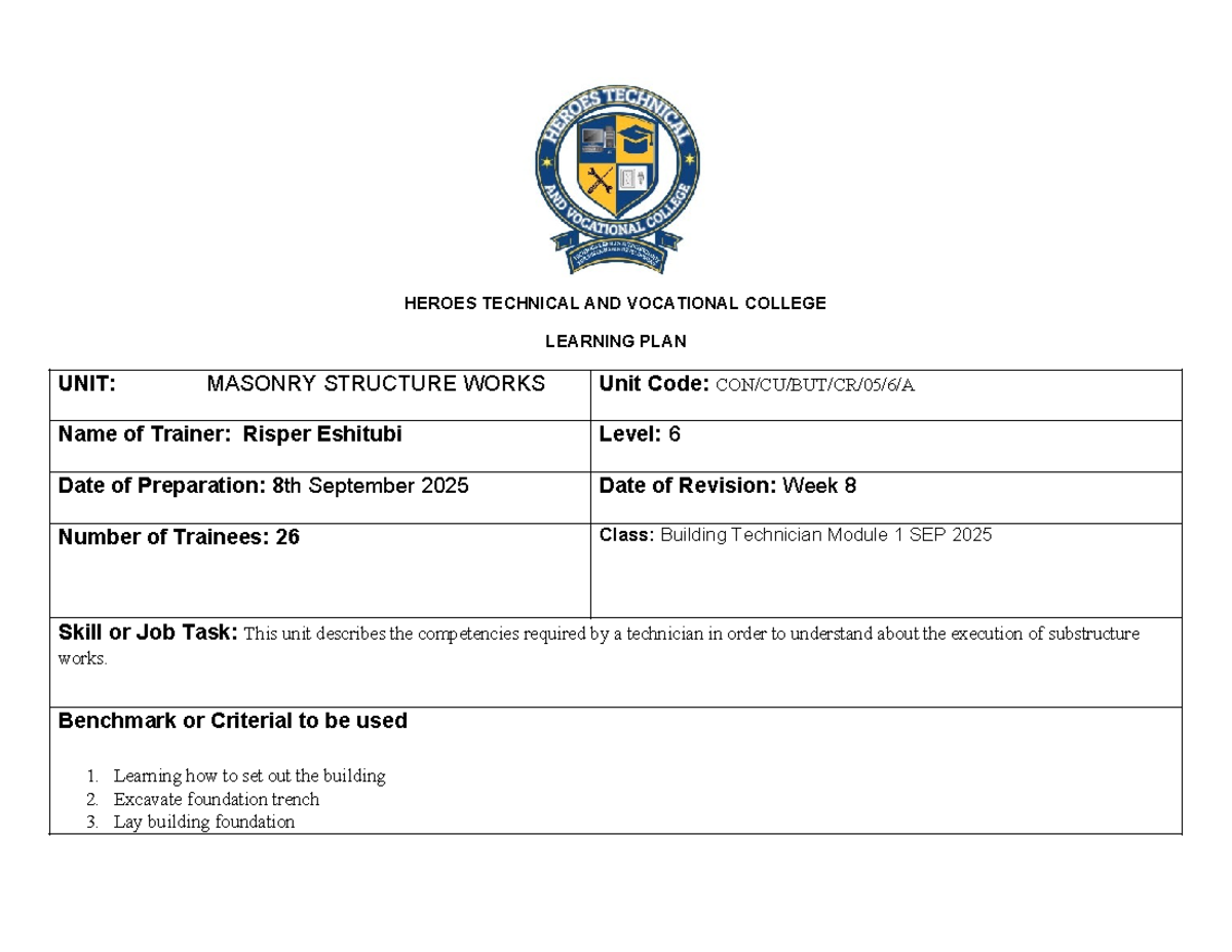Masonry Structure Works Learning Plan - Unit Code: [Insert Code] - Studocu