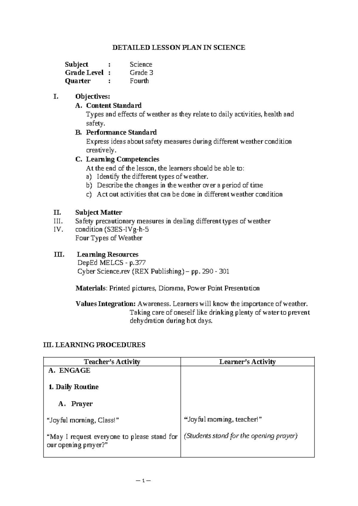 DETAILED LESSON PLAN IN SCIENCE: Weather Types for Grade 3 - Studocu