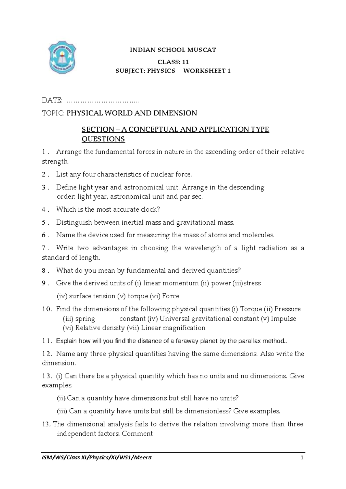 Class XI Physics: Physical World & Measurements WS1 (2020) - Studocu